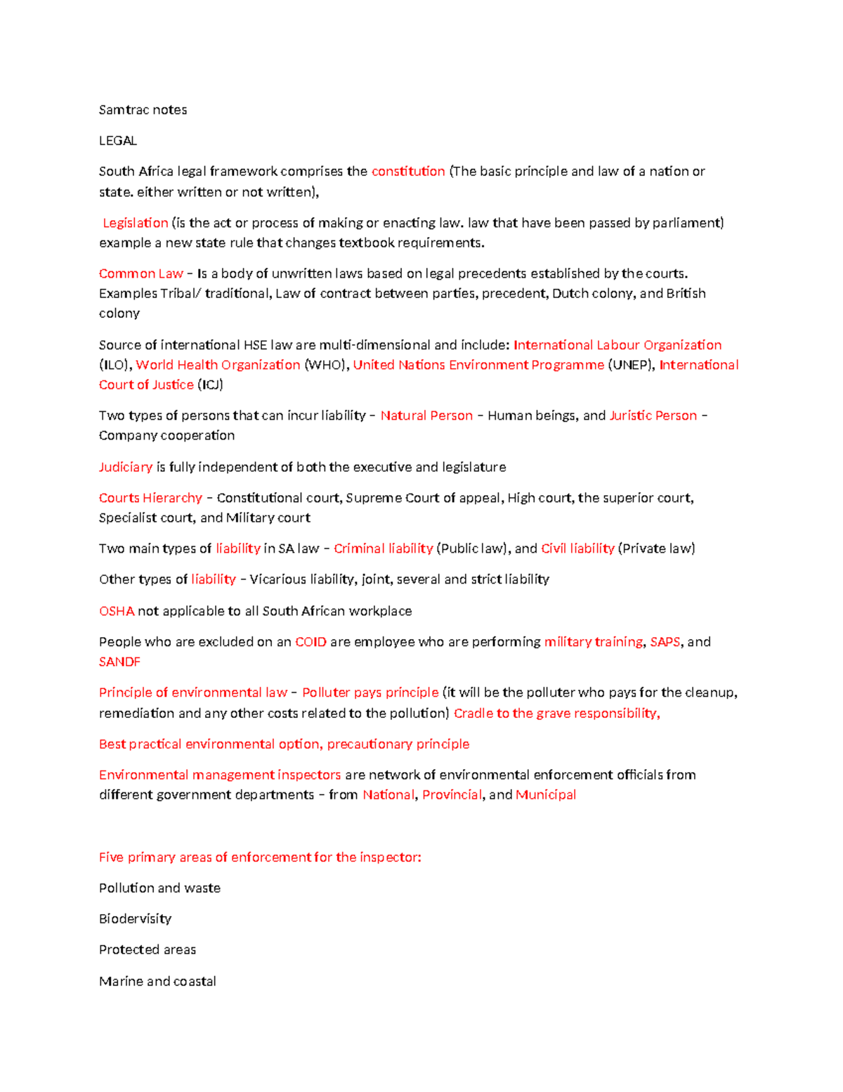 Samtrac Legal Notes: South Africa's Legal Framework Overview - Studocu