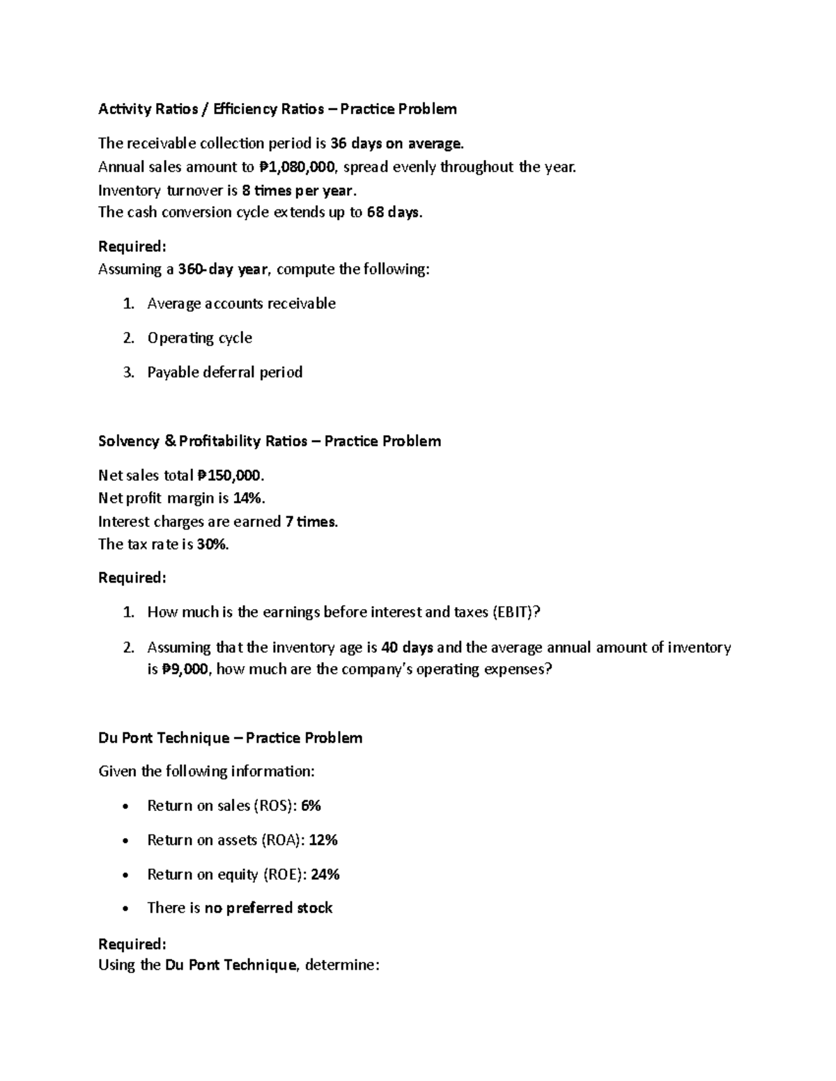 Activity Ratios & Efficiency Ratios Practice Problems - Studocu