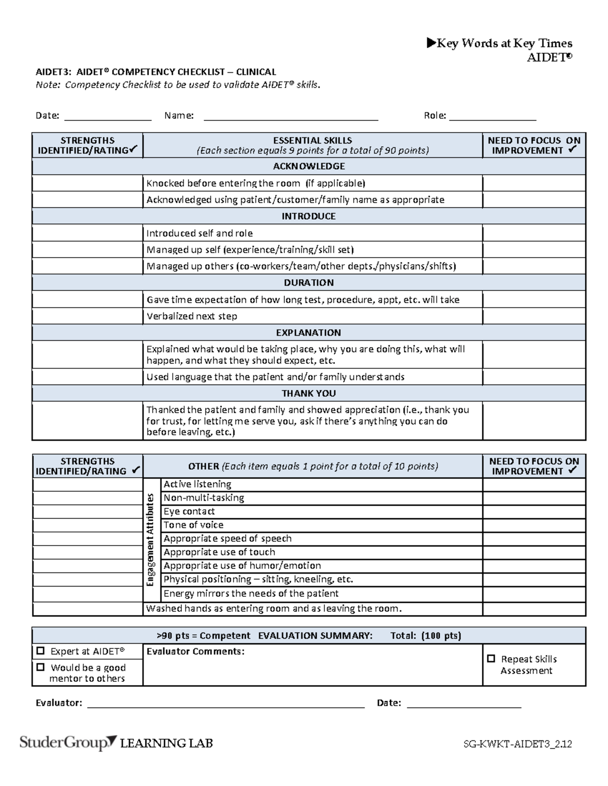 AIDET Competency Checklist - Clinical Skills Assessment (AIDET 3) - Studocu