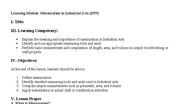 Learning Module EPP 101: Mensuration in Industrial Arts Final Term ...