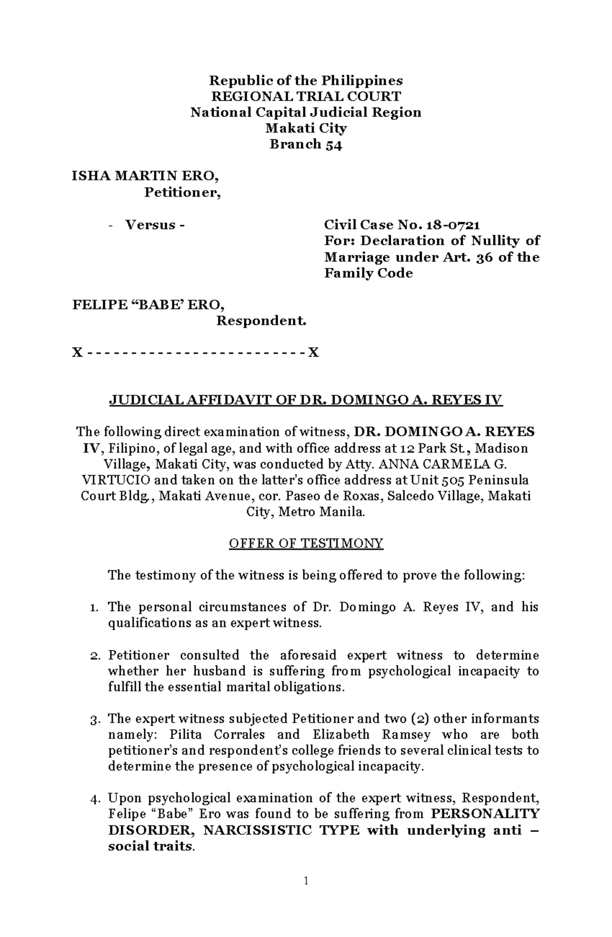 Judicial Affidavit of Dr. Domingo A. Reyes IV for Civil Case 18-Nullity - Studocu