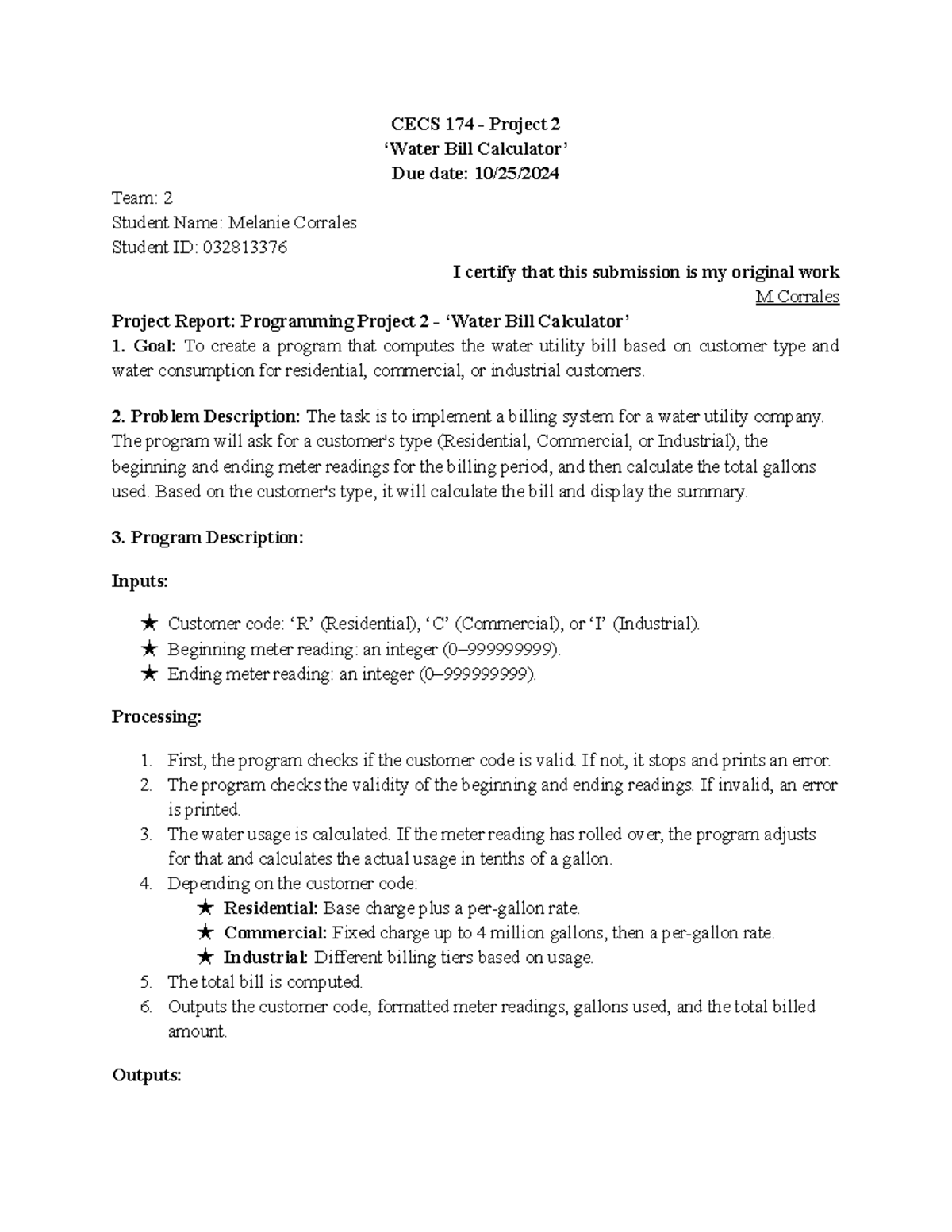 CECS 174 - Project 2 Report: Water Bill Calculator Implementation - Studocu
