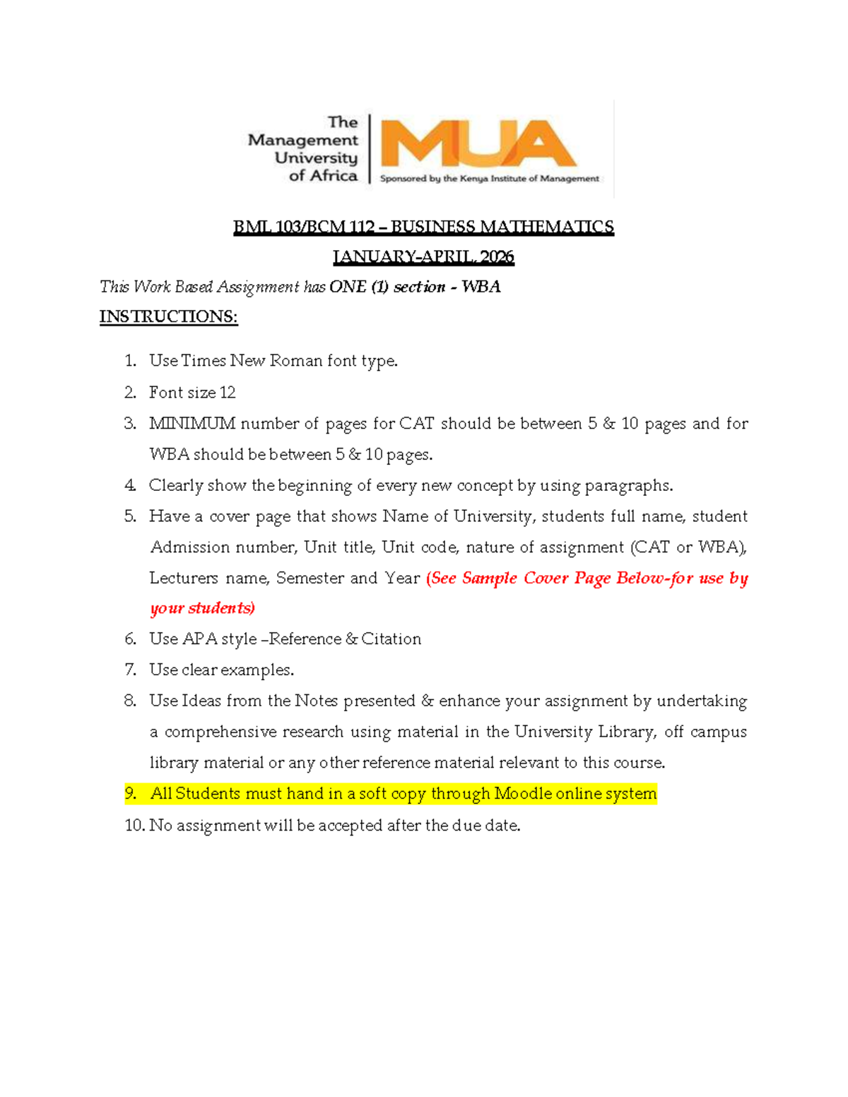 BML 112 Business Mathematics WBA Guidelines and Examples 2026 - Studocu