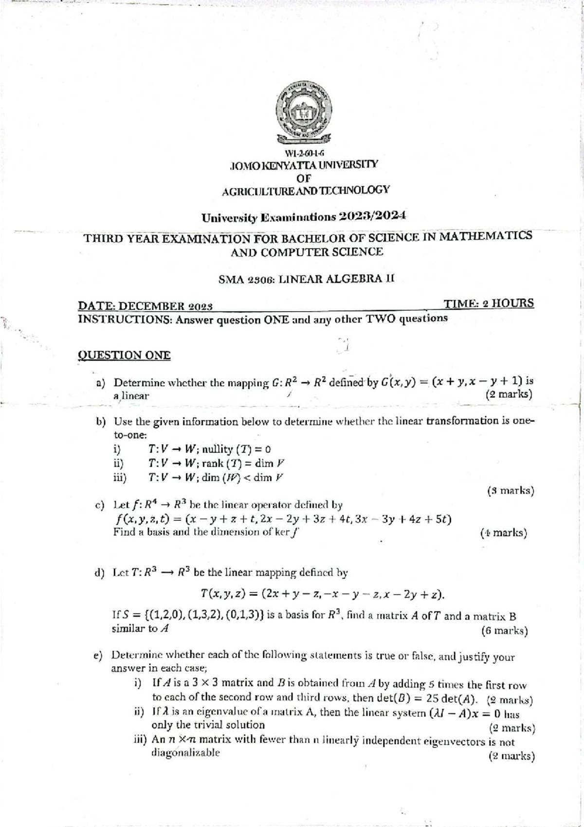 SMA 2306: Linear Algebra II Final Exam Notes - December 2023 - Studocu