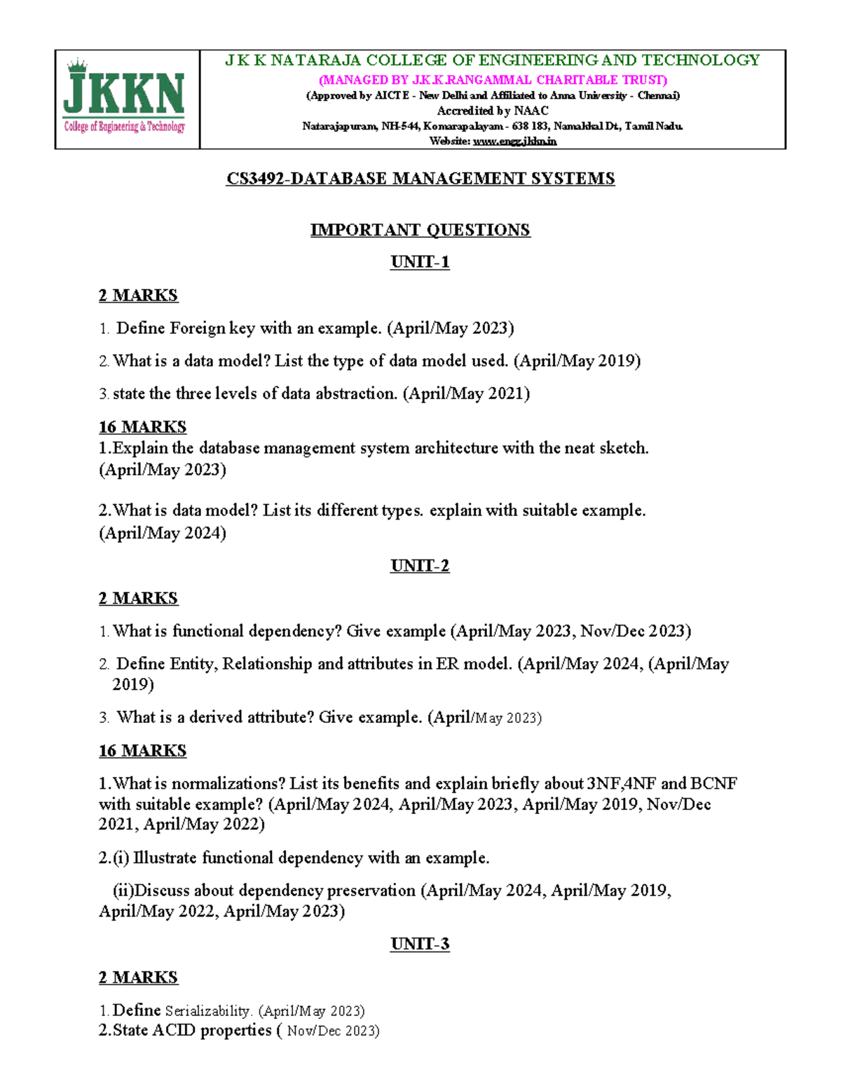 DBMS Important Questions for Arrear Students (2023) - Studocu