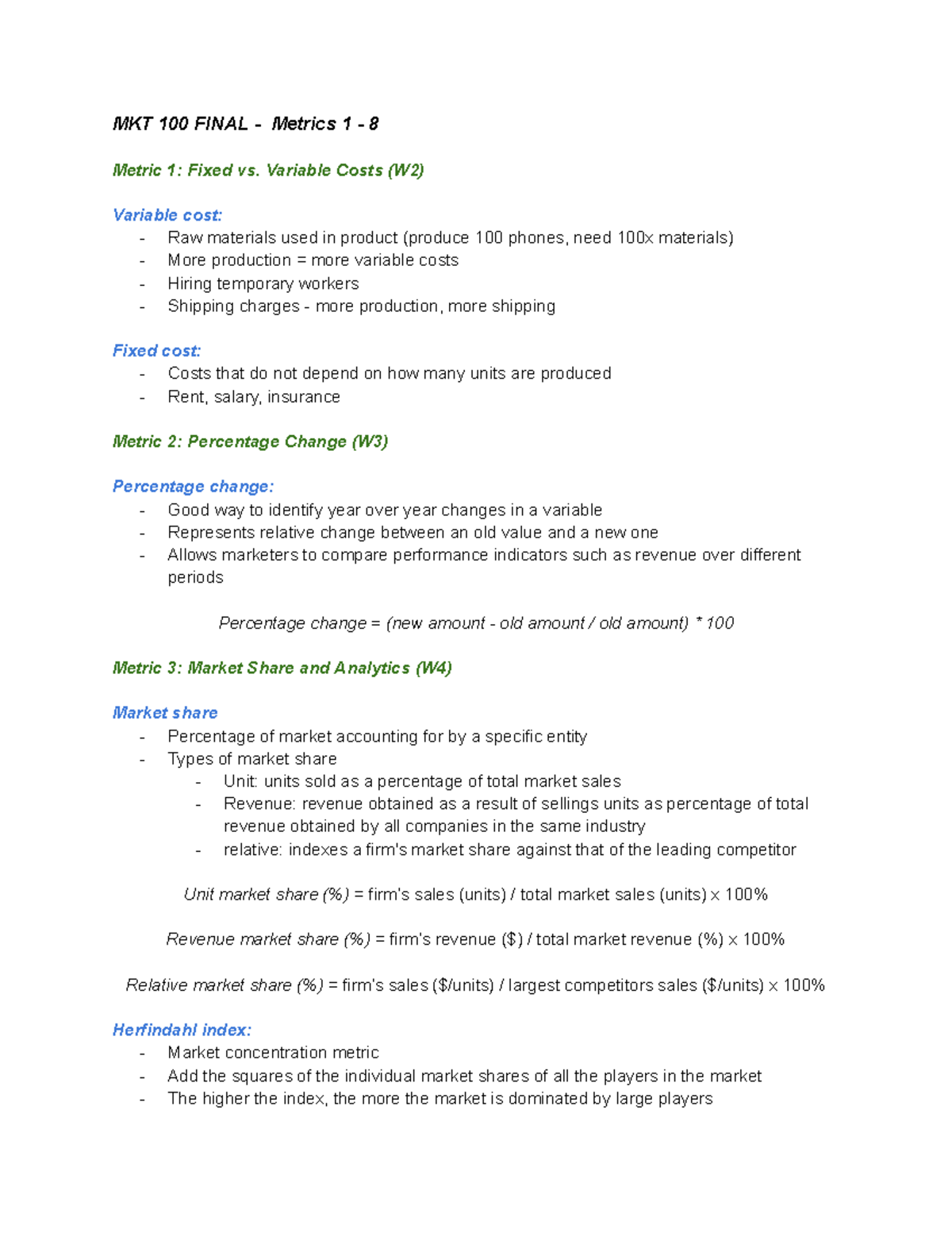 MKT 100 Final - Metrics 1 - 8 - MKT 100 FINAL - Metrics 1 - 8 Metric 1 ...