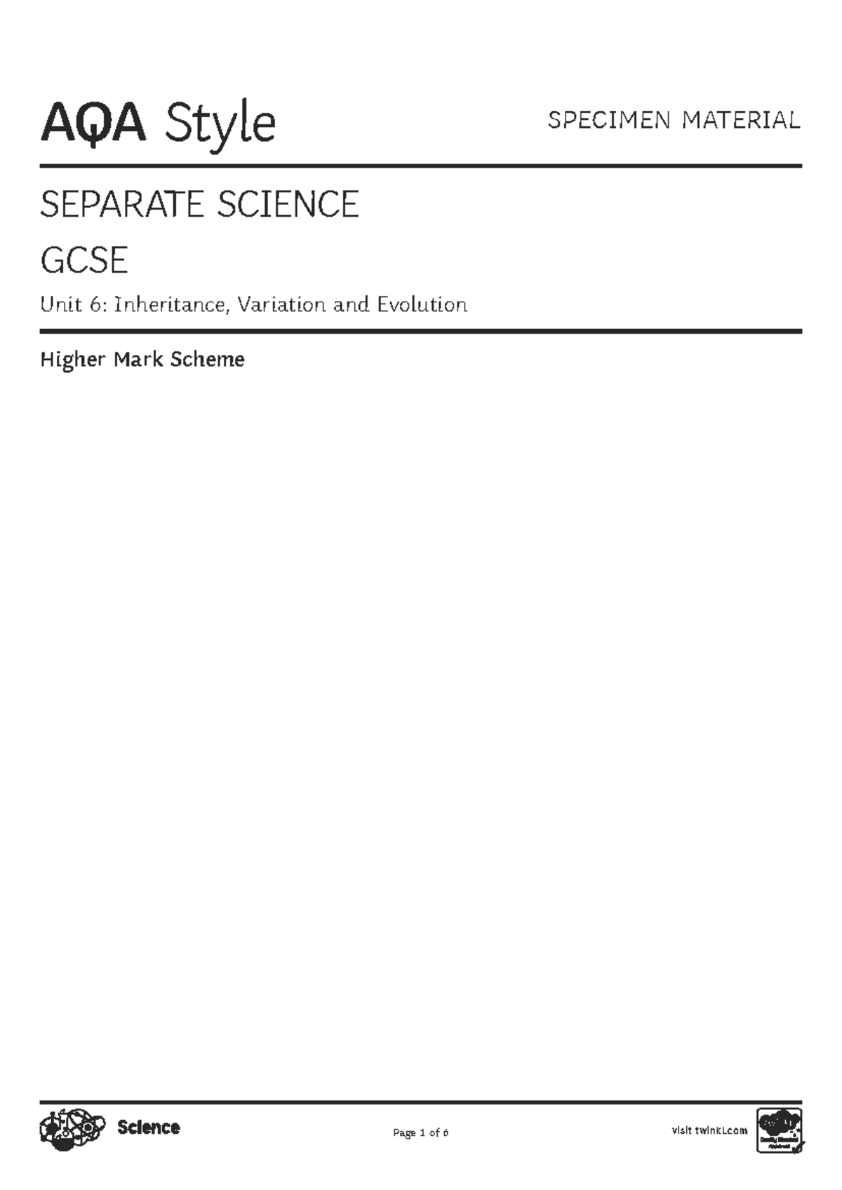 Inheritance, Variation & Evolution GCSE Unit 6 AQA Higher Mark Scheme ...