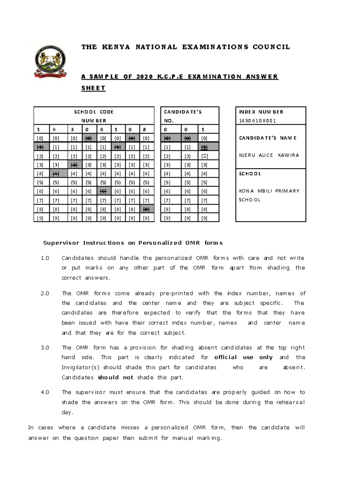 Sample of 2020 KCPE Answer Sheet Instructions and Guidelines - Studocu