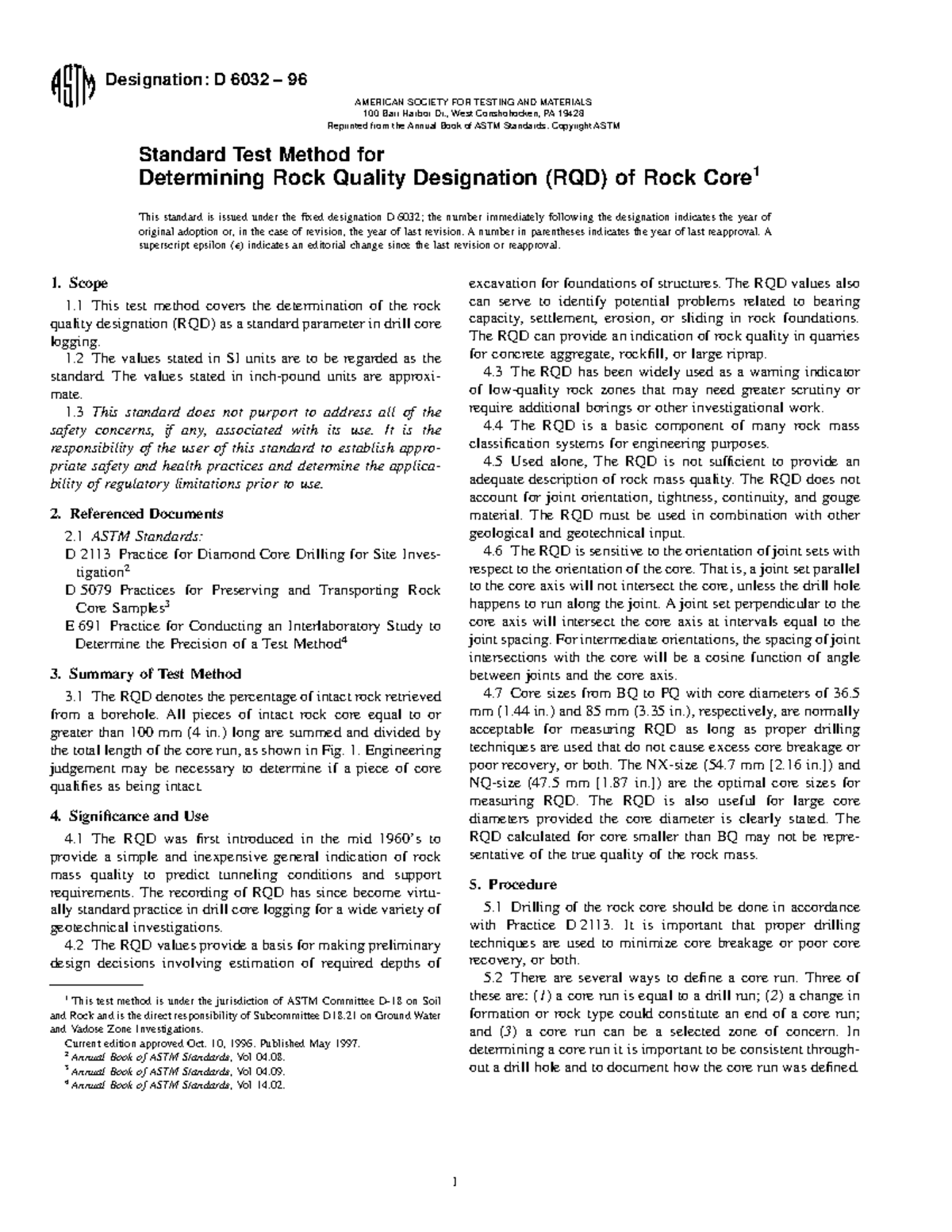 Standard Test Method for RQD D6032-96 in Rock Core Analysis - Studocu