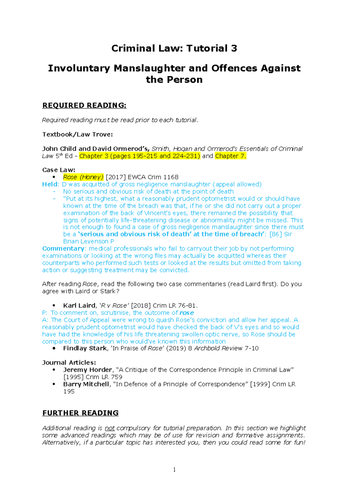 Criminal Law Tutorial 3: Involuntary Manslaughter & Offences Analysis ...