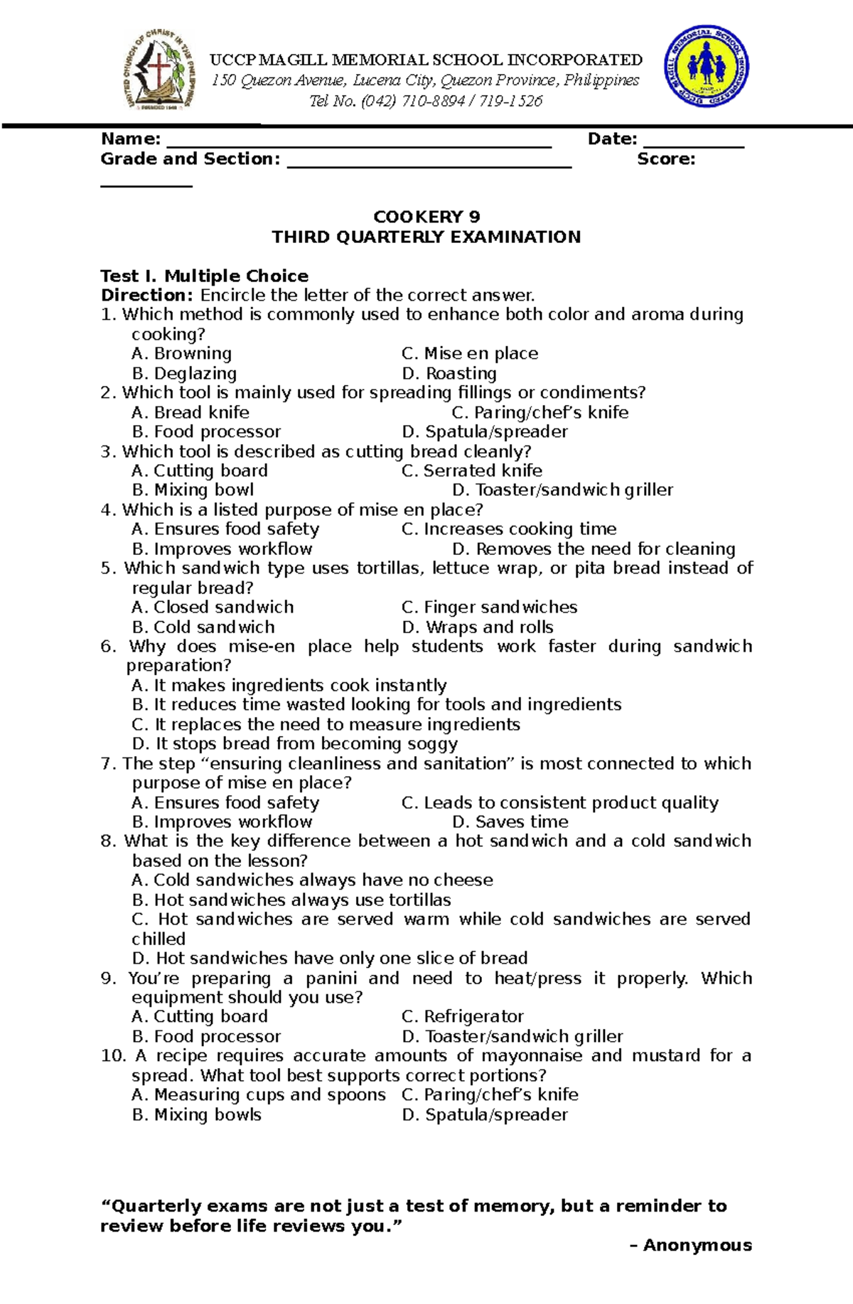 Cookery 9 - Third Quarterly Exam Review and Practice Questions - Studocu