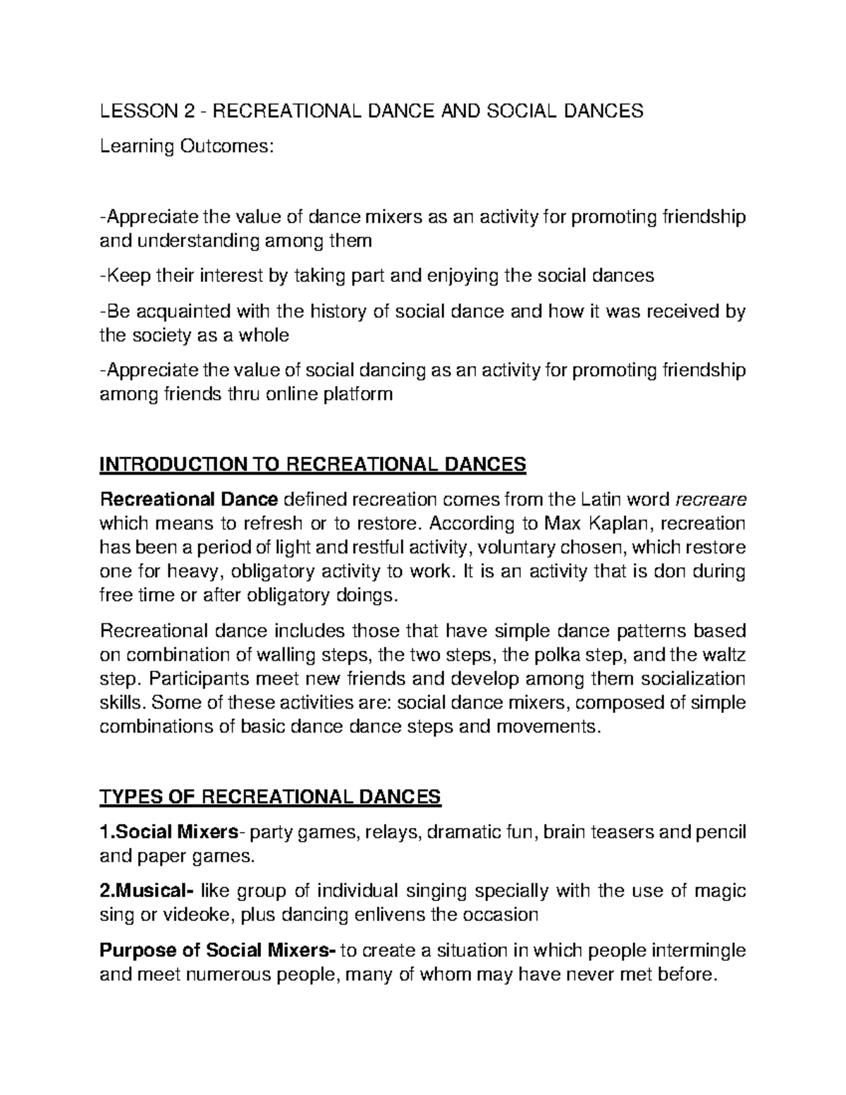 Recreational Dance AND Social Dances - LESSON 2 - RECREATIONAL DANCE ...