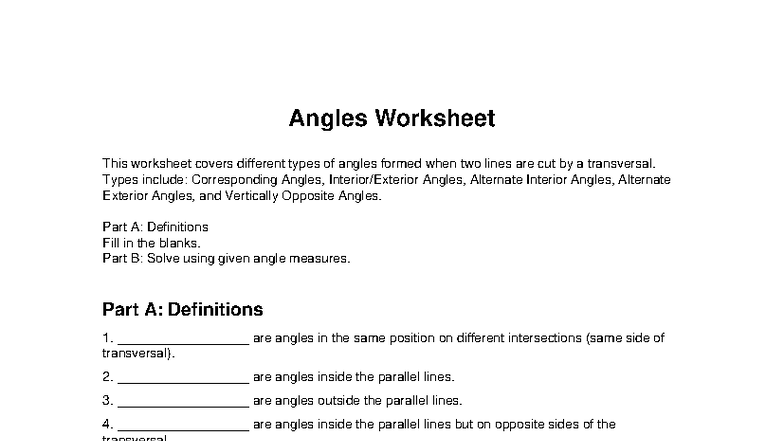 Angles Worksheet: Types & Properties of Angles (Geometry) - Studocu