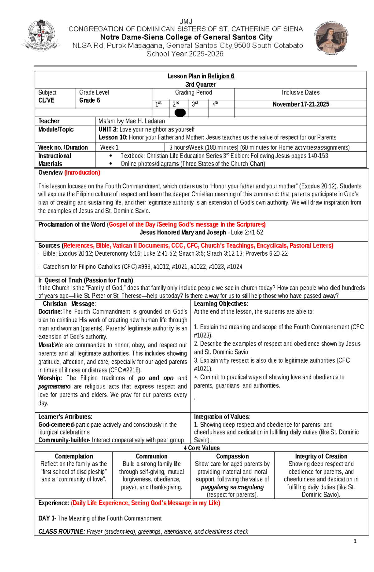 Grade 6 Religion Lesson Plan: Honor Your Parents (Unit 3) - Studocu