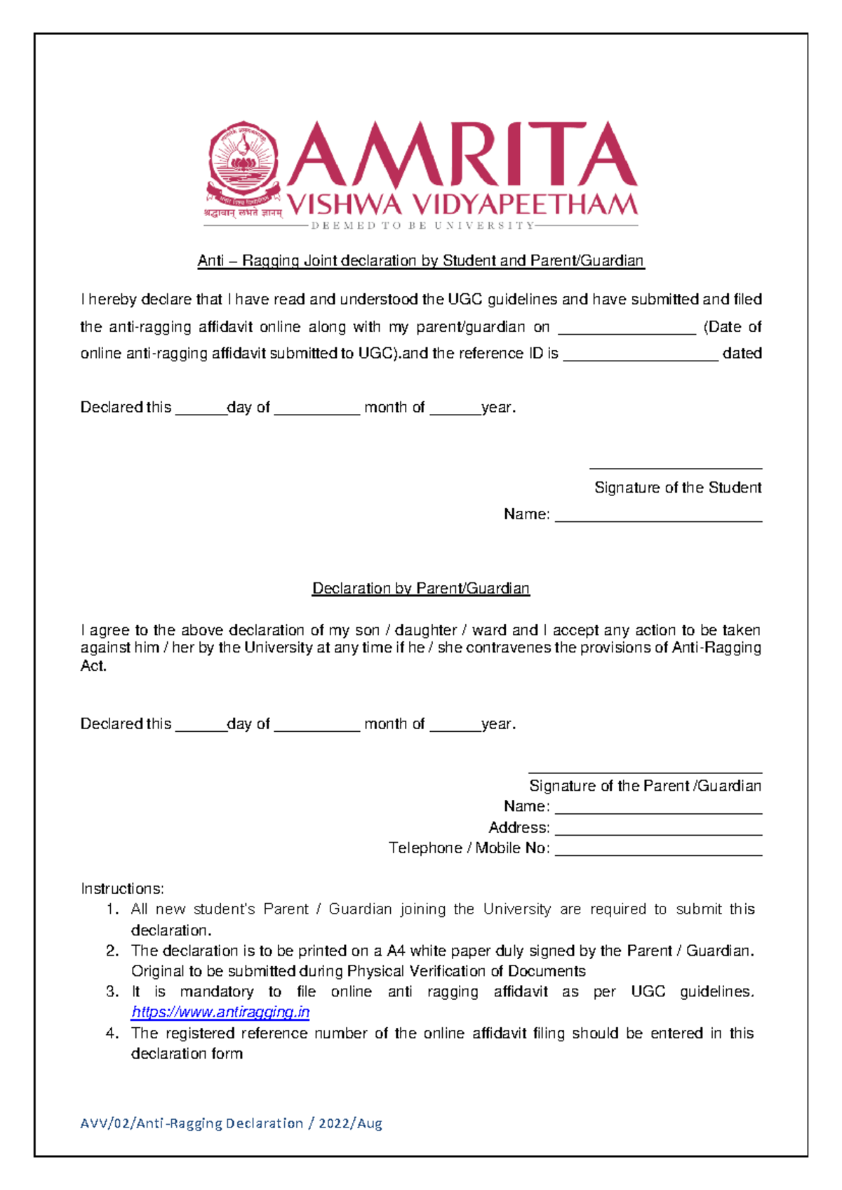 Anti Ragging Declaration Form for UGC Compliance - Studocu