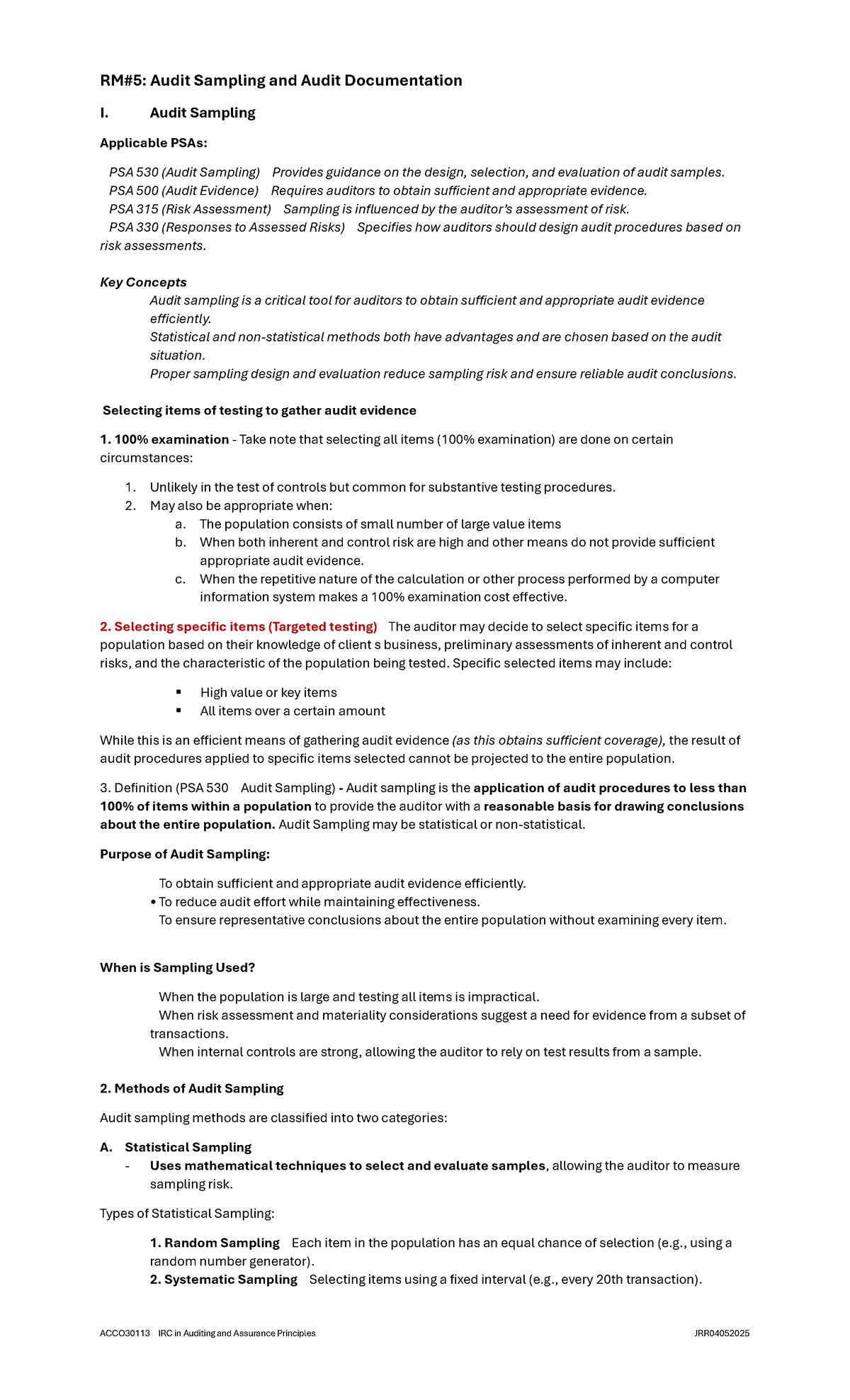 Audit Sampling and Documentation: Key Concepts and PSA Guidelines - Studocu
