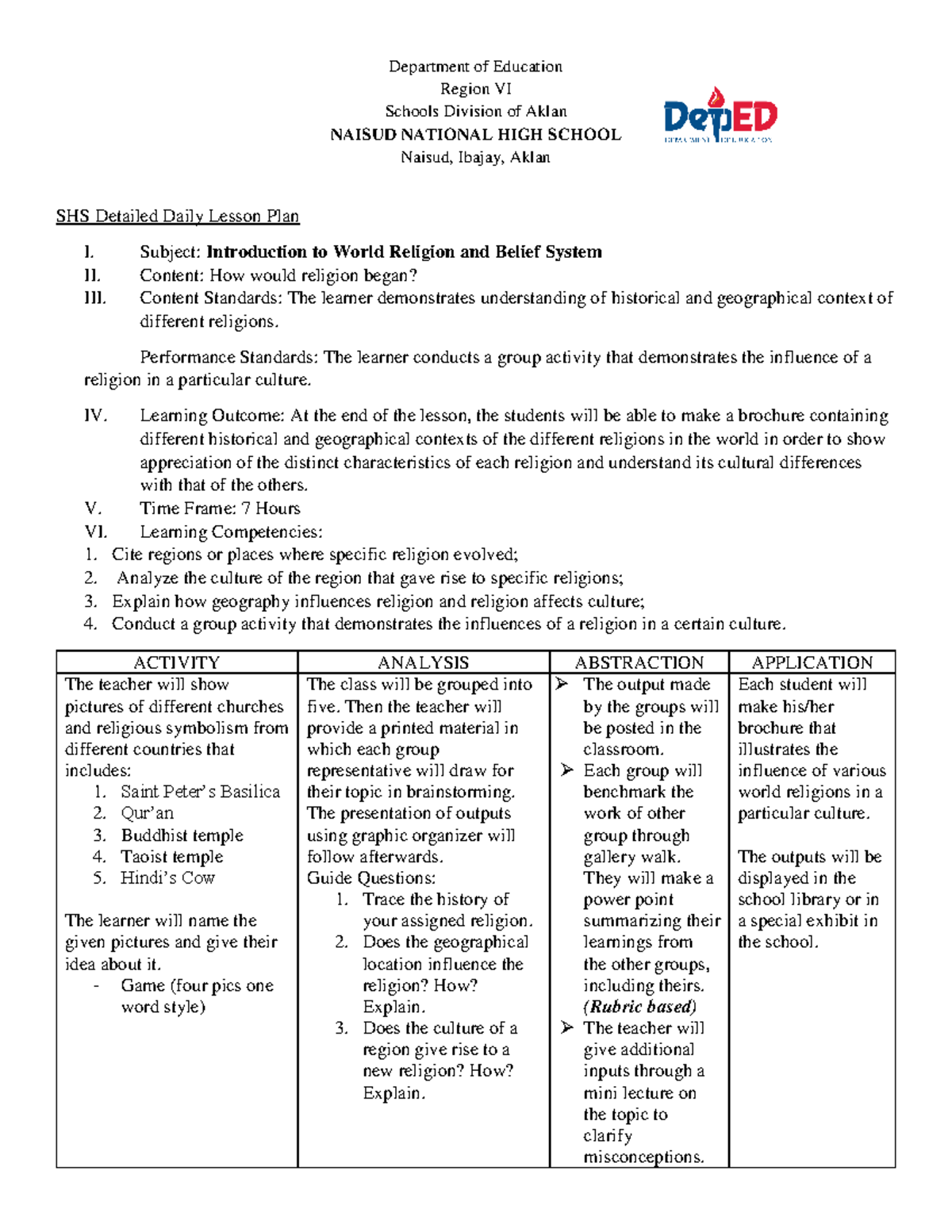 SHS Detailed Daily Lesson Plan: Intro to World Religion Activities ...