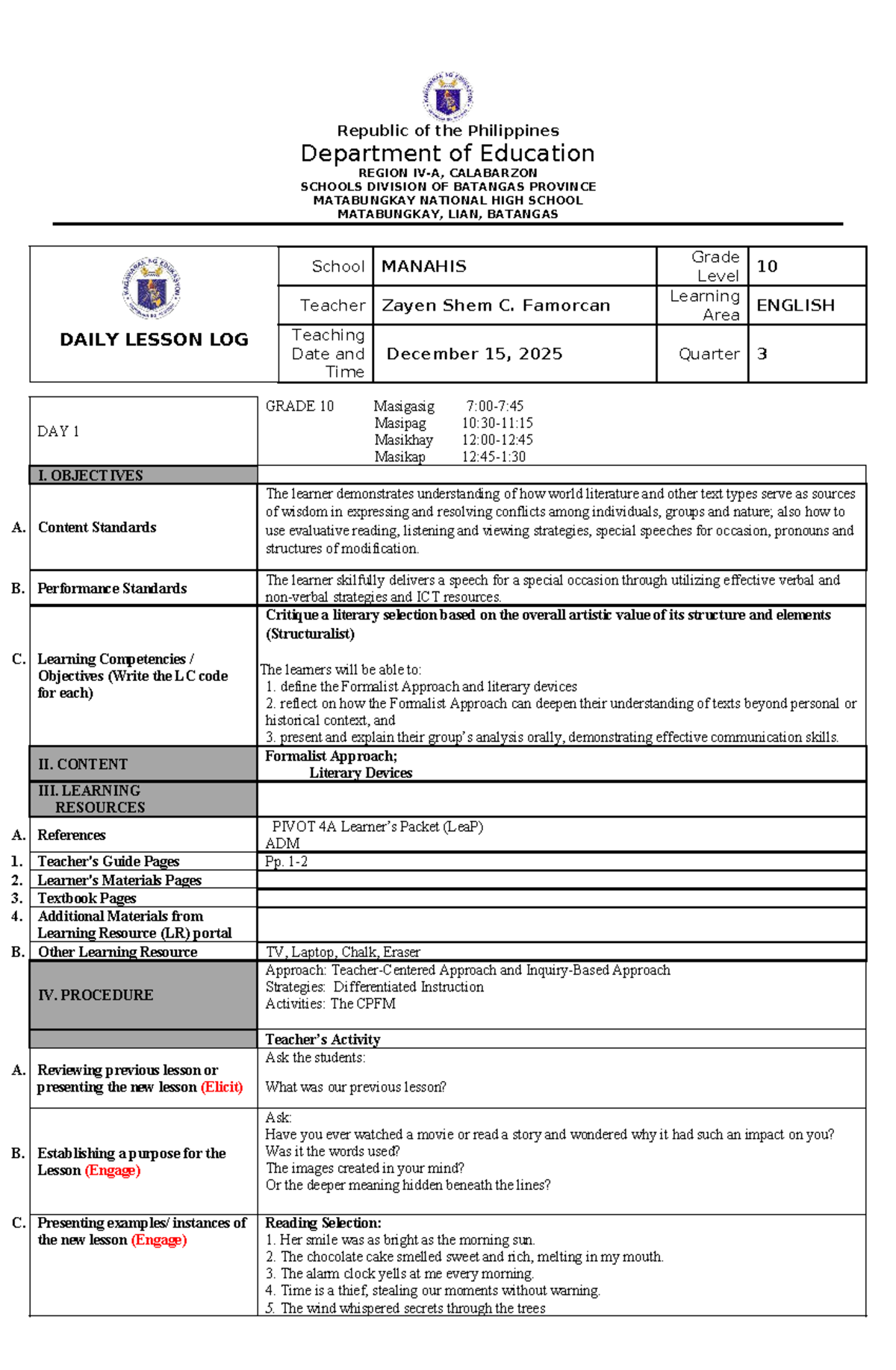 Grade 10 English Daily Lesson Log: Literary Devices & Formalist ...