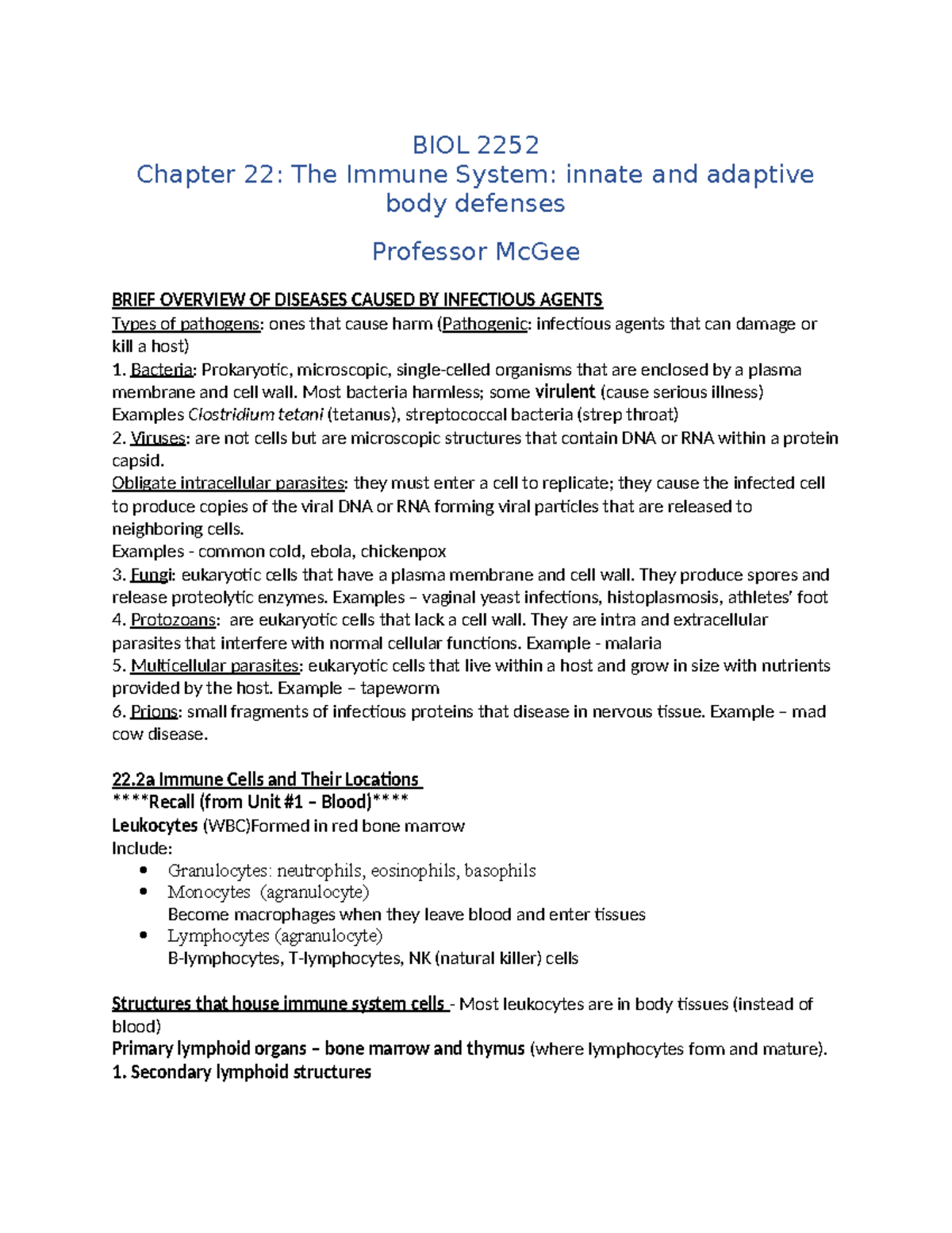 BIOL 2252: Chapter 22 - The Immune System Overview and Key Concepts ...