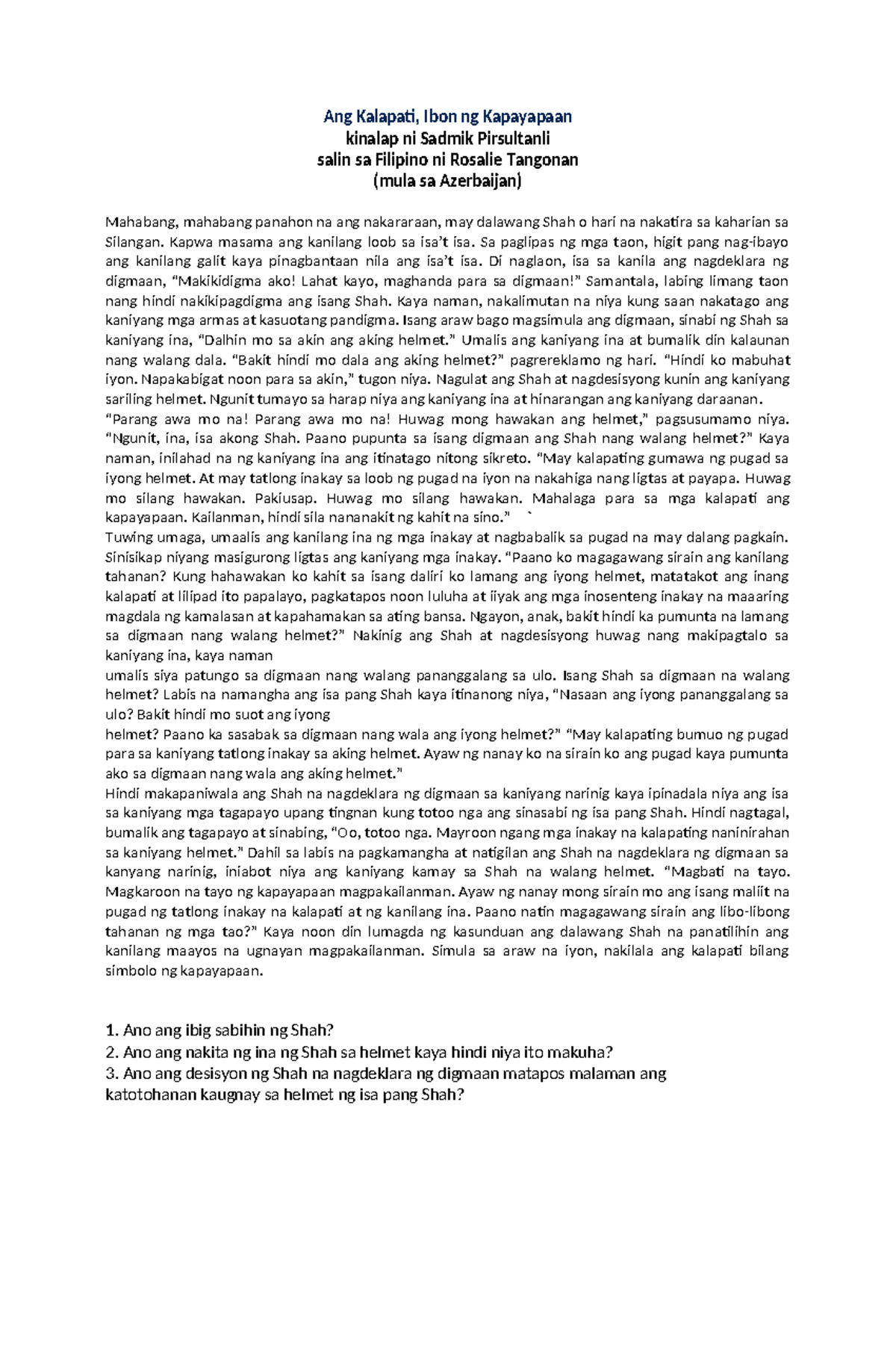 Ang Kalapati: Isang Buod ng Kuwento ng Kapayapaan at Digmaan - Studocu