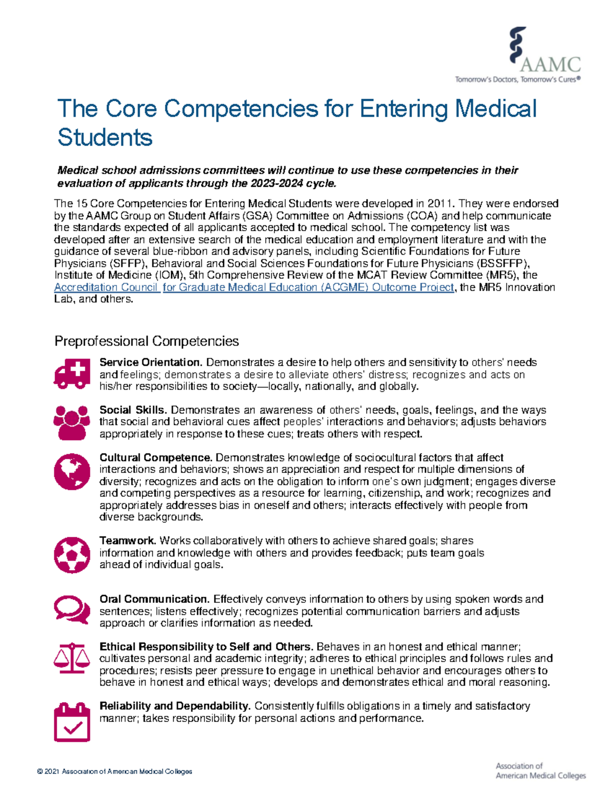 Core Competencies for Entering Medical Students (2021) - Studocu