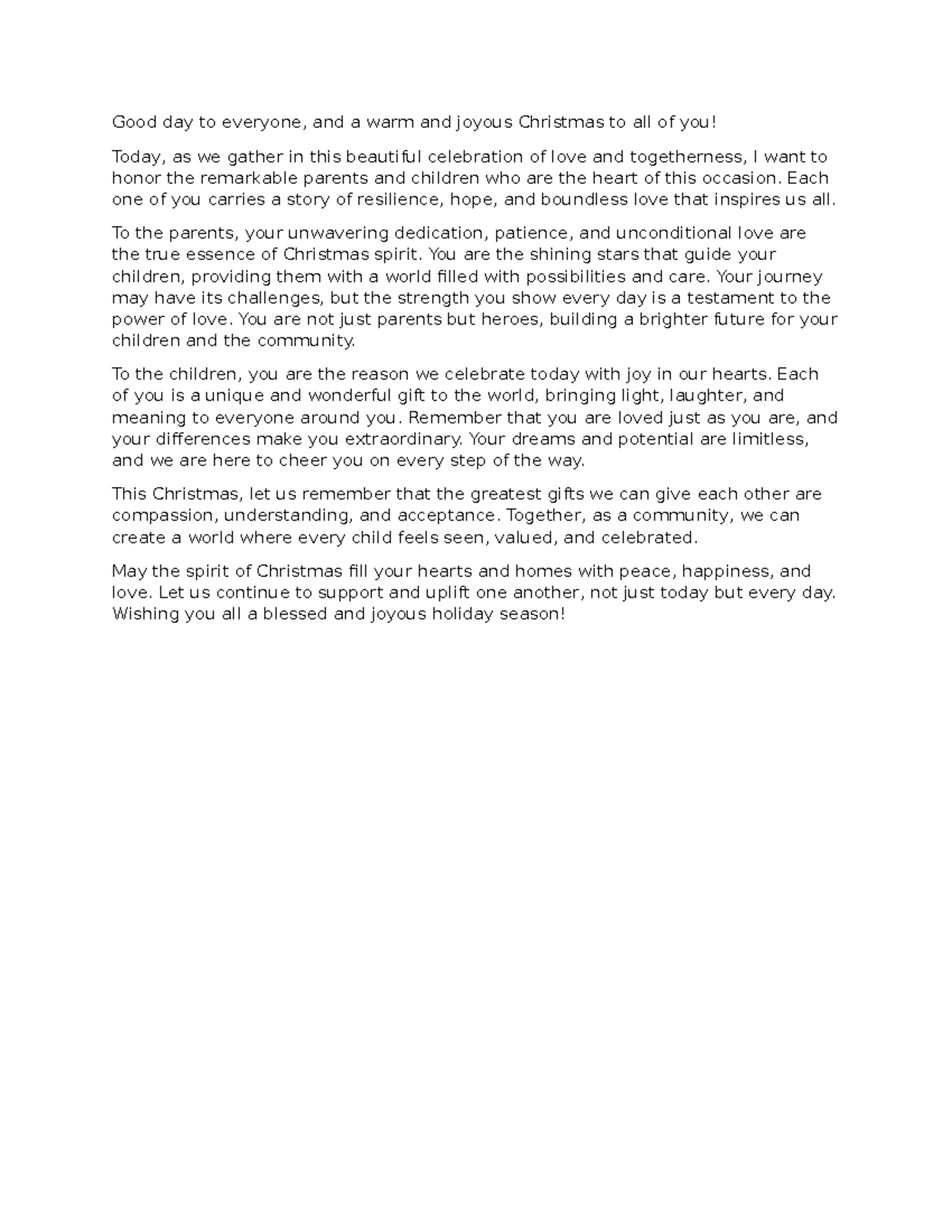 Speech for the Administration - Good day to everyone, and a warm and ...