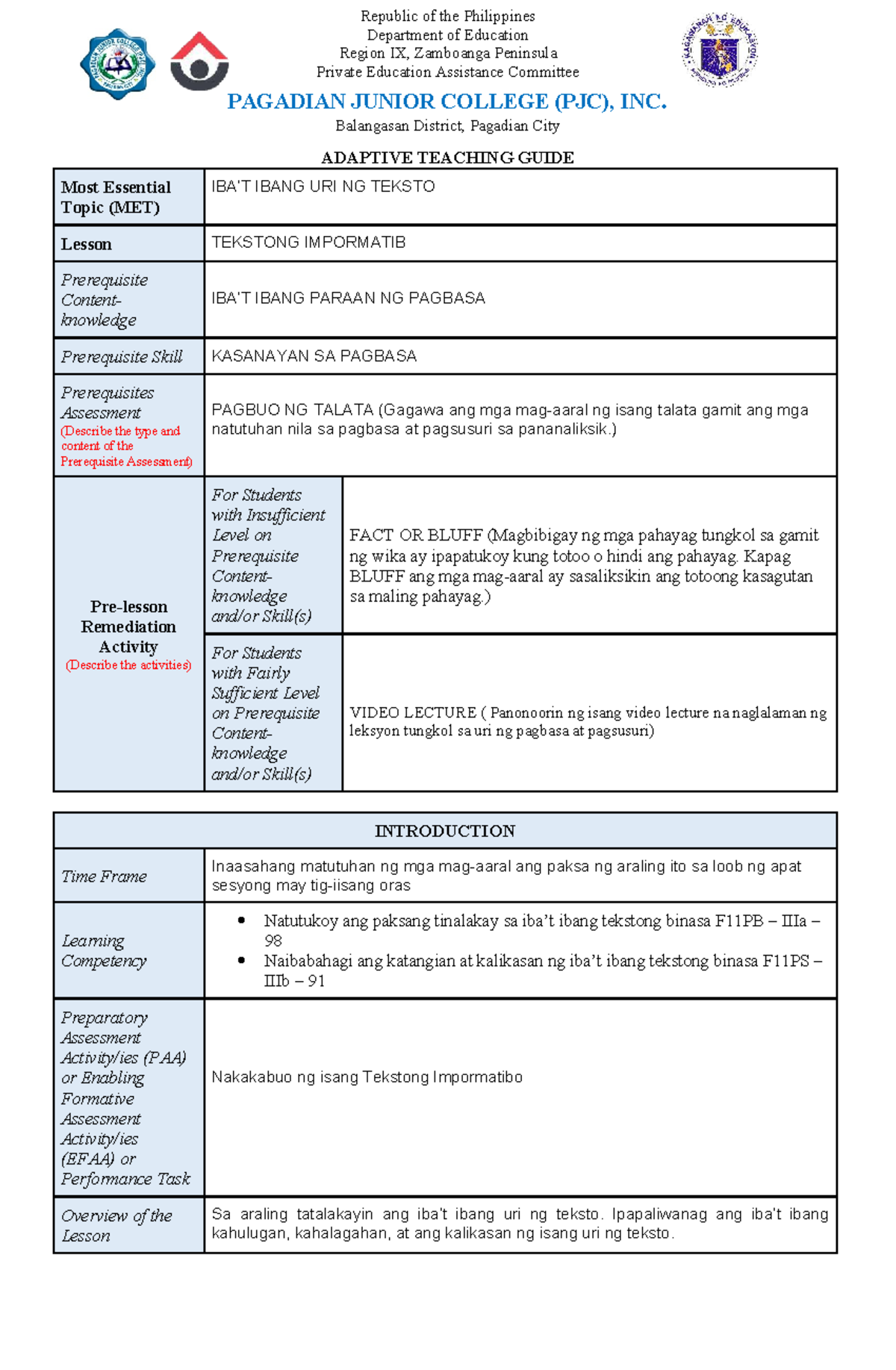 ATG SA FILIPINO: Adaptive Teaching Guide on Text Types and Reading ...