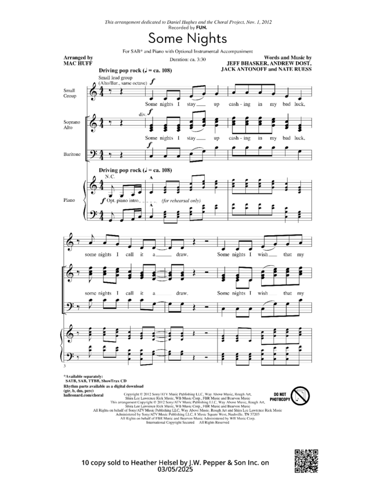 Some Nights - Arrangement for SAB Choir and Piano (Music 101) - Studocu