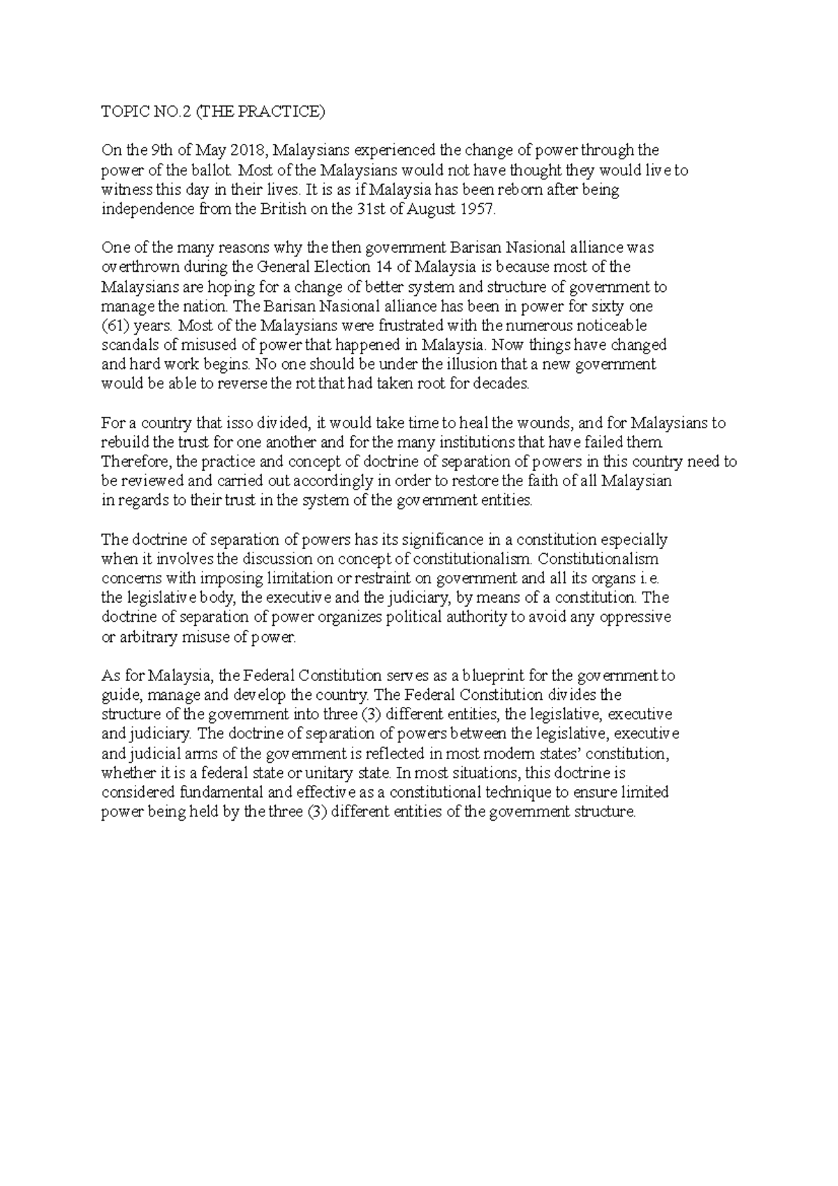 Assign 1 (Sam) - Analyzing the Doctrine of Separation of Powers in ...