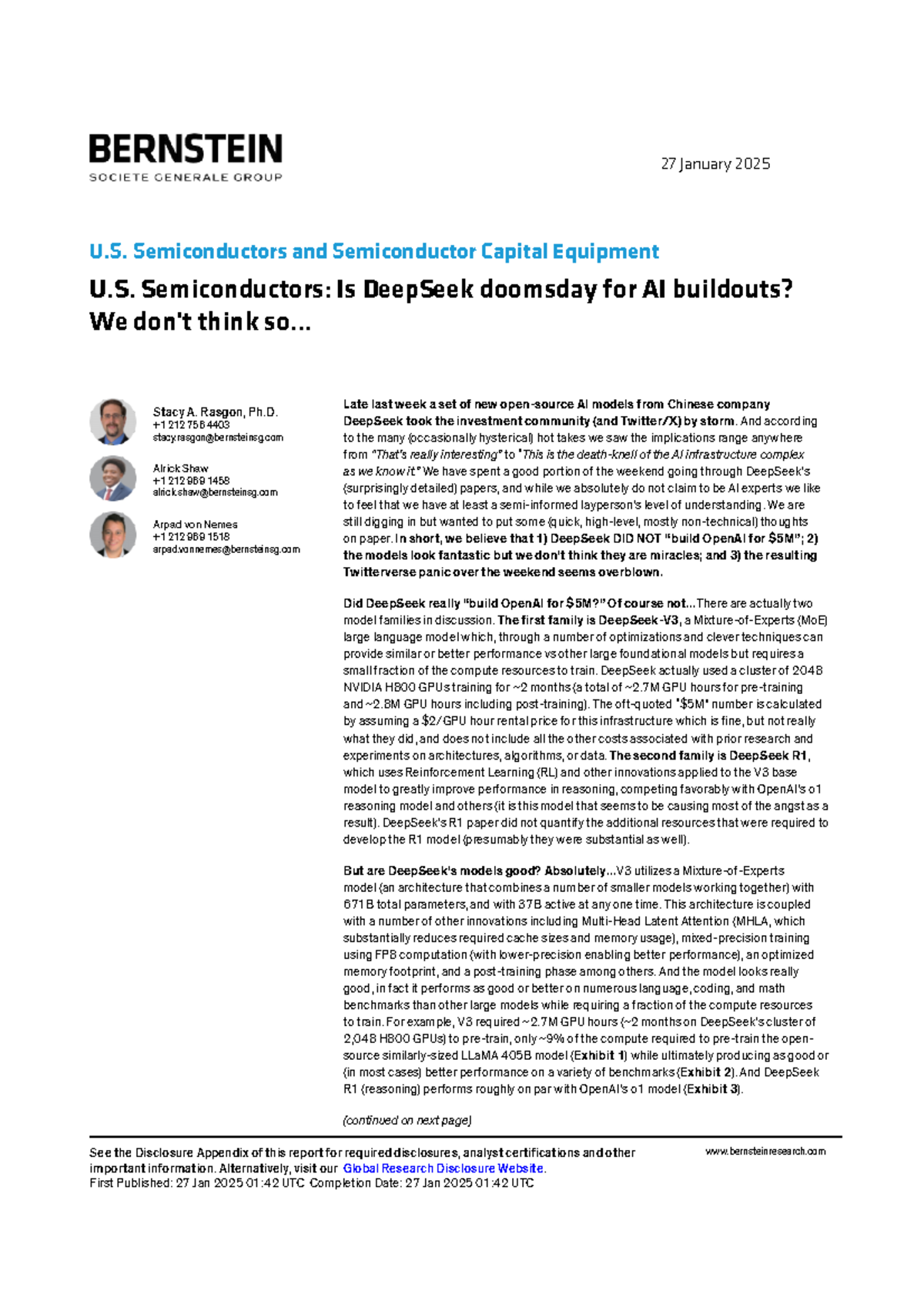 DeepSeek V3 vs LLaMA 405B Analysis - Bernstein 20250127 - Studocu