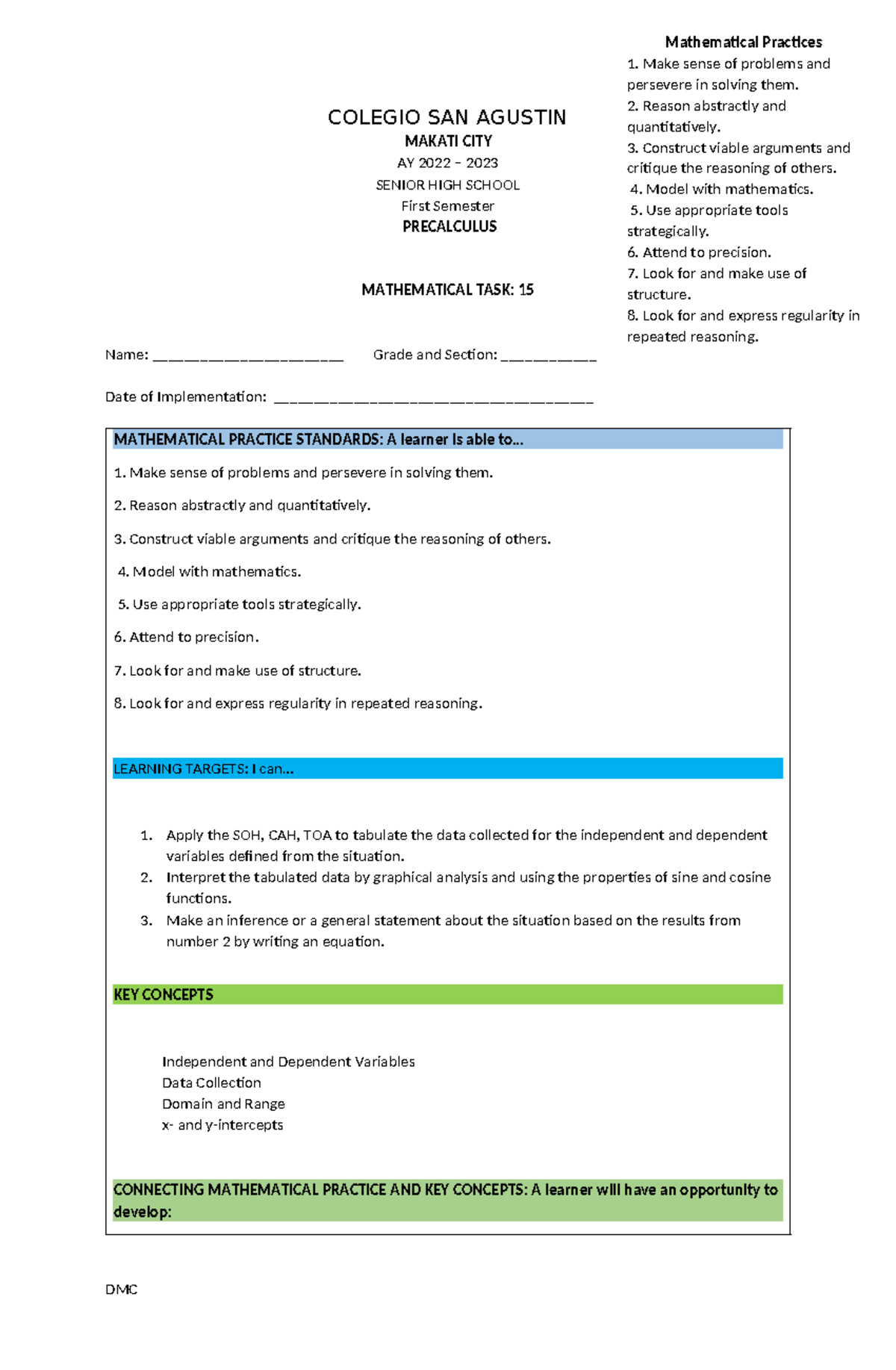 MT 15 Precalculus Mathematical Task - AY 2022-2023 - Studocu
