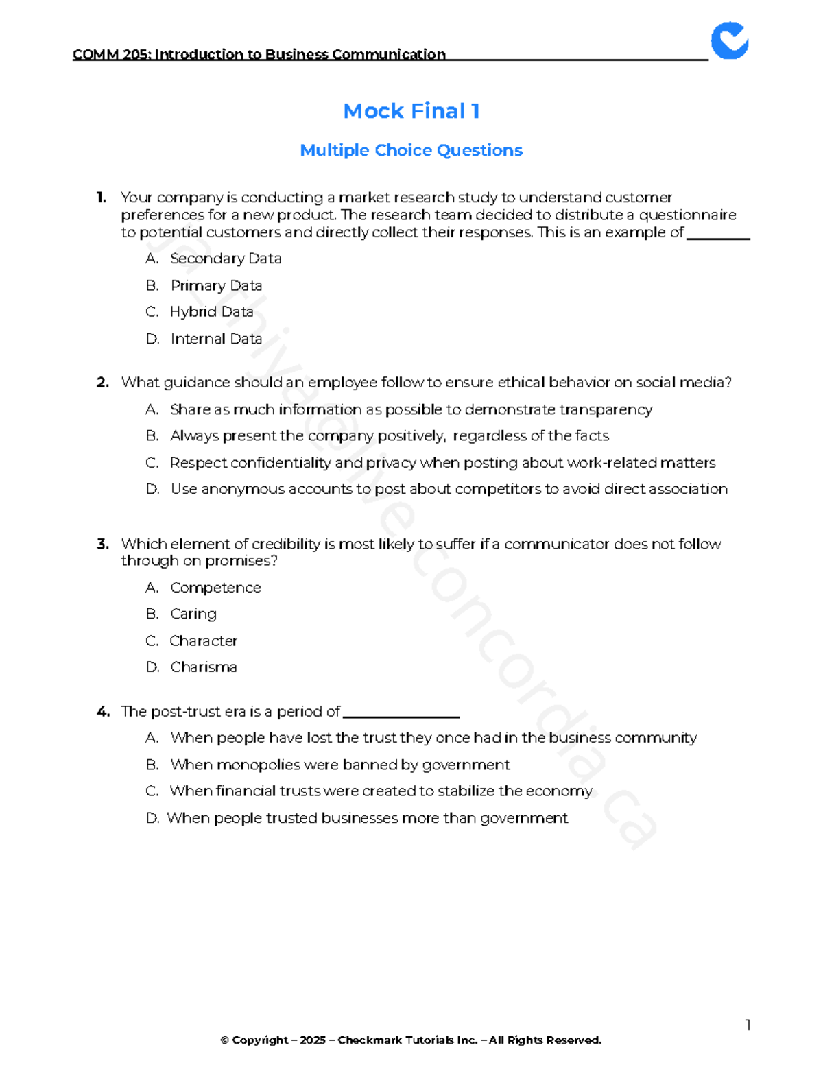 COMM 205: Introduction to Business Mock Final Exam - Multiple Choice ...