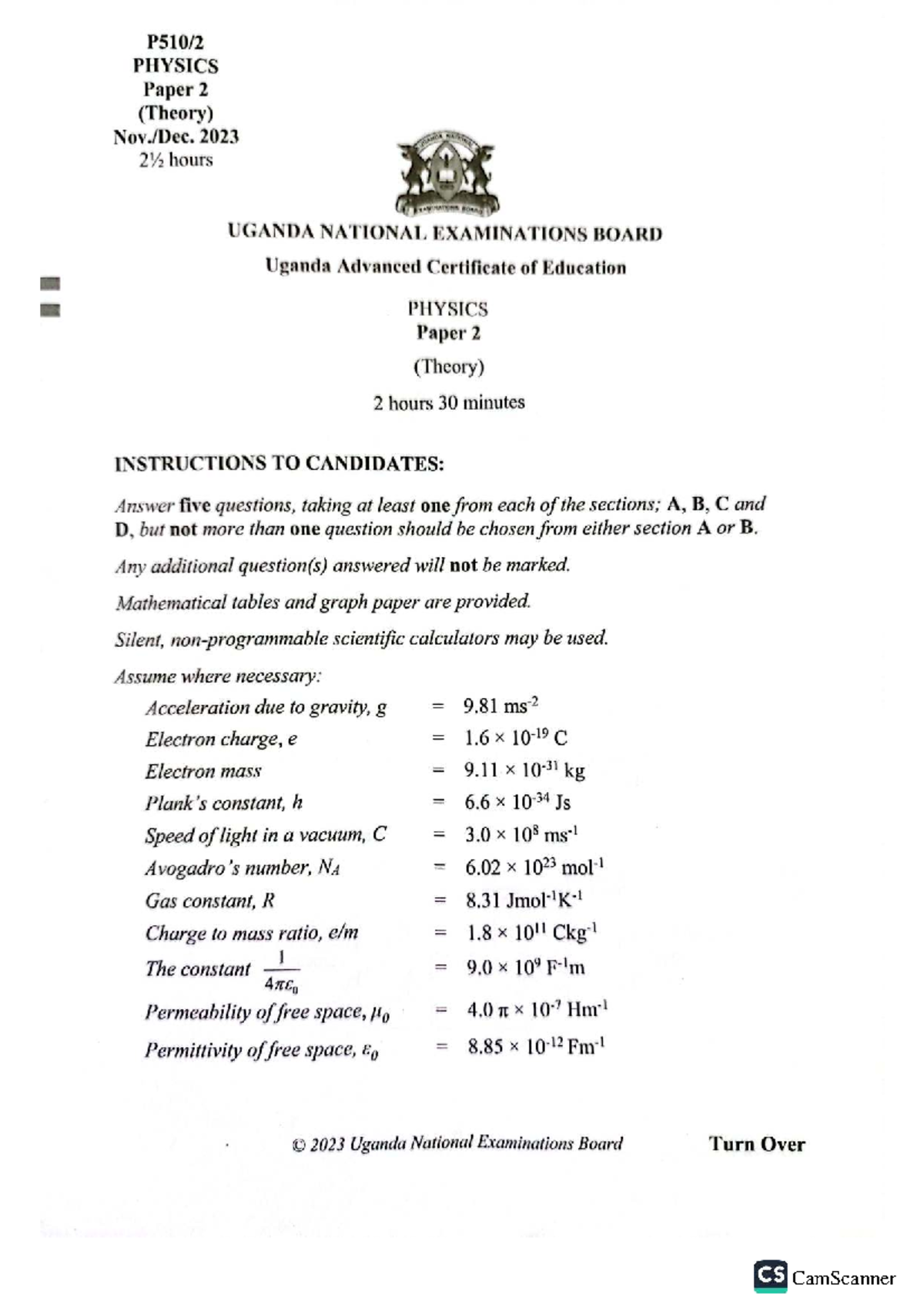 UACE PHYSICS Paper 2 (Theory) 2023 Exam Guide - Studocu