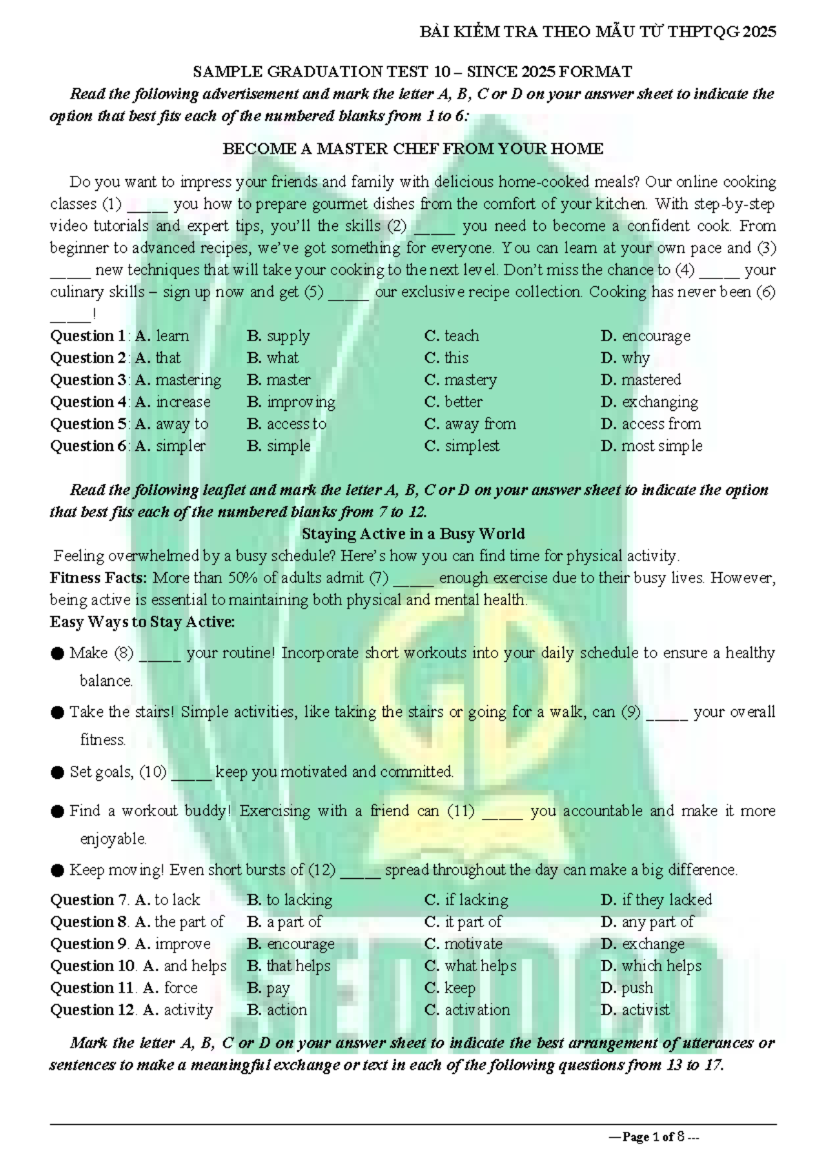 Sample Graduation Test 10 - Format Since 2025: Answer Keys Included ...