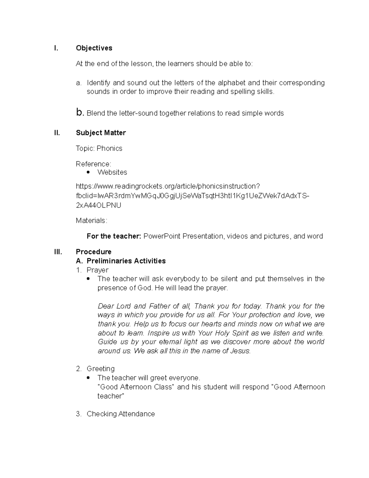 Phonics Lesson Plan: Objectives, Activities & Procedures - Studocu