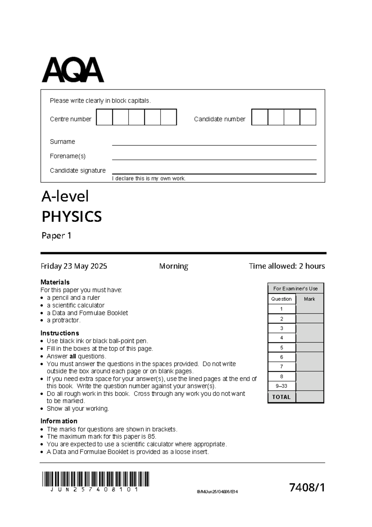 AQA A Level Physics Paper 1 Exam - June 2025 - Studocu