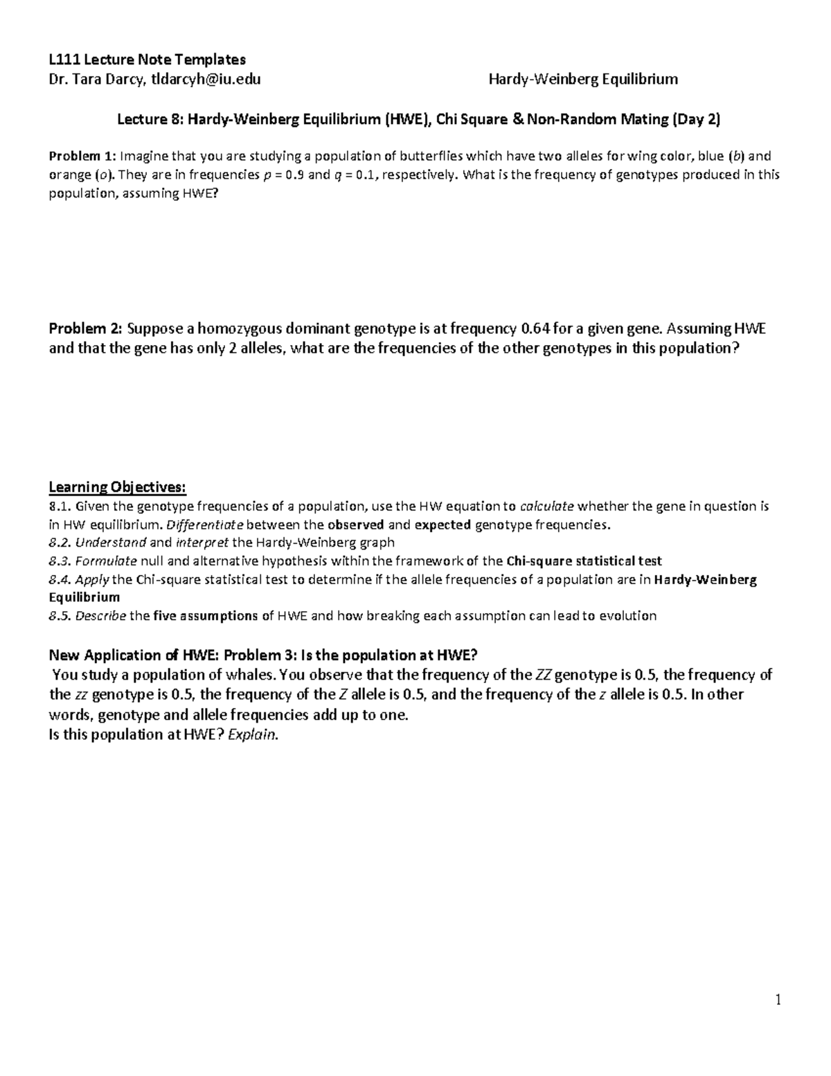 Lecture 8 Notes: Hardy-Weinberg Equilibrium & Chi-Square Analysis 2025 ...
