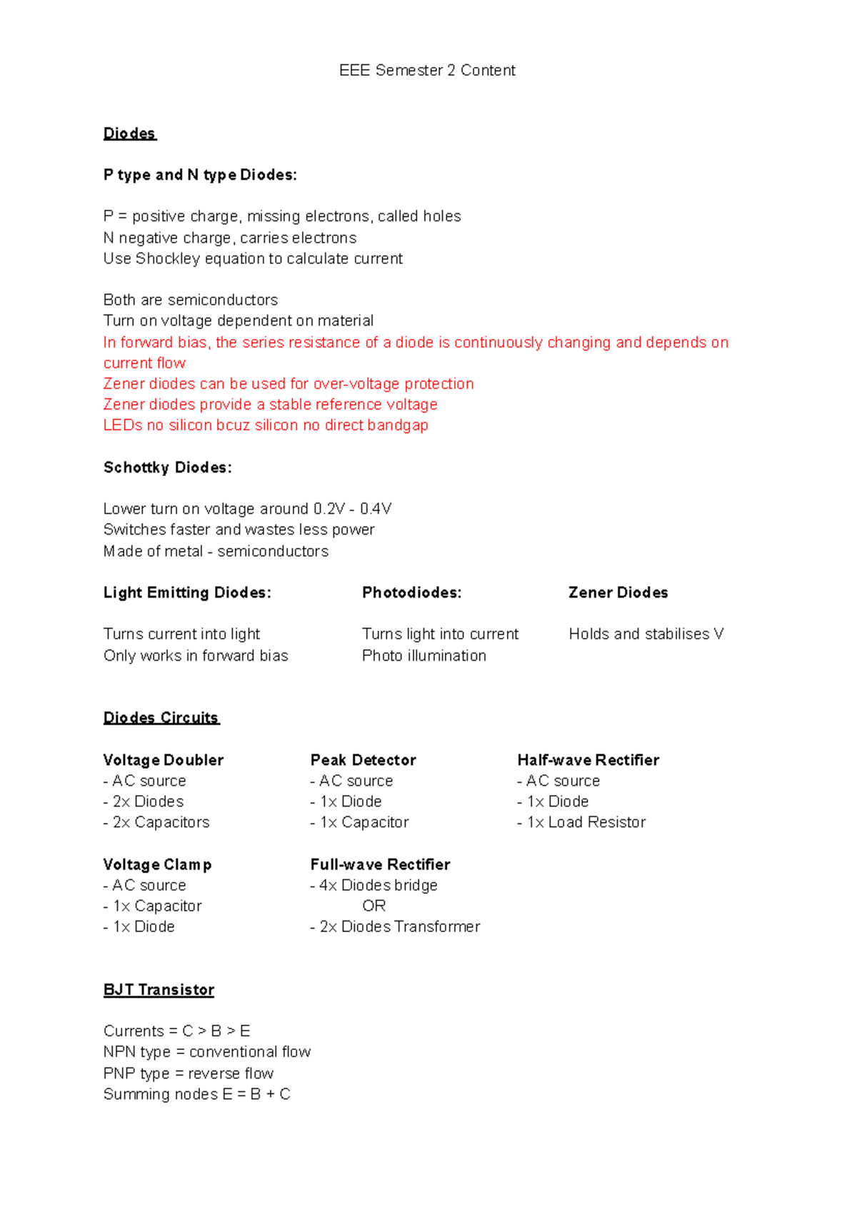 EEE Semester 2 Lecture Notes: Diodes and Transistors Overview - Studocu