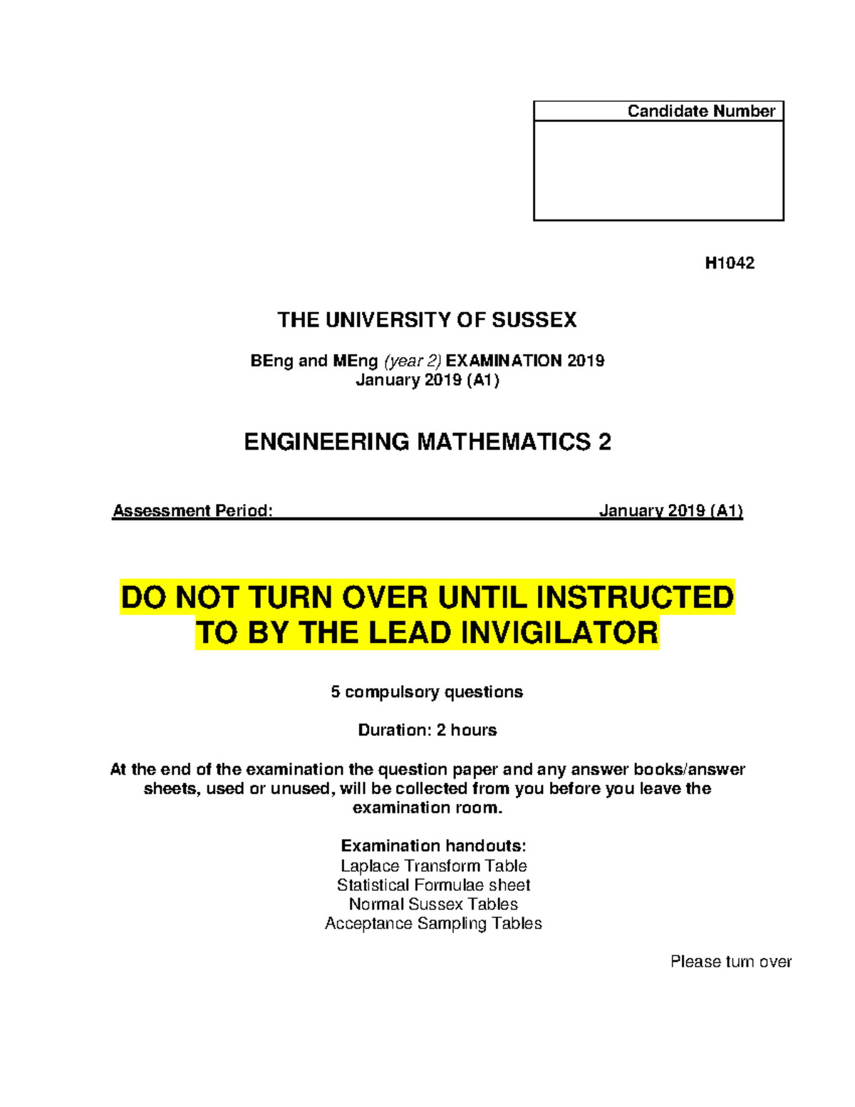 H1042 - Jan 2019 Engineering Mathematics 2 Past Paper Exam - Studocu