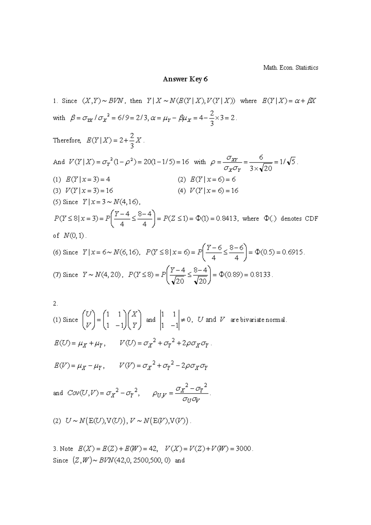 Math. Econ. Statistics Answer Key 6.1: Key Concepts and Solutions - Studocu