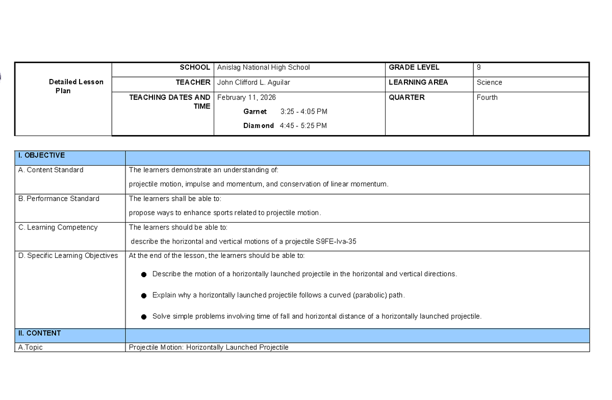 DLP 06 PM HL - Detailed Lesson Plan on Projectile Motion for Grade 9 ...