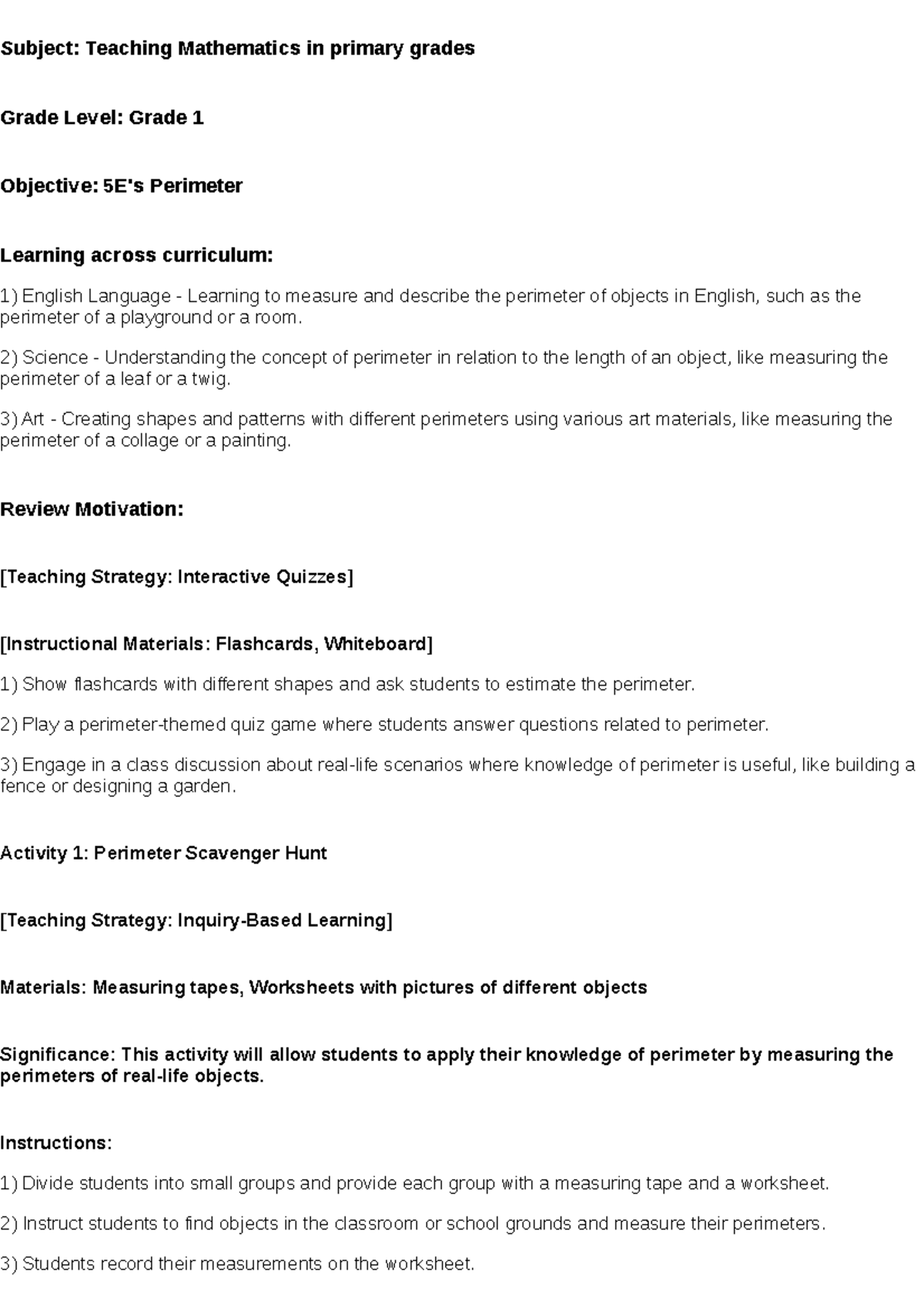 Lesson plan - Subject: Teaching Mathematics in primary grades Grade ...
