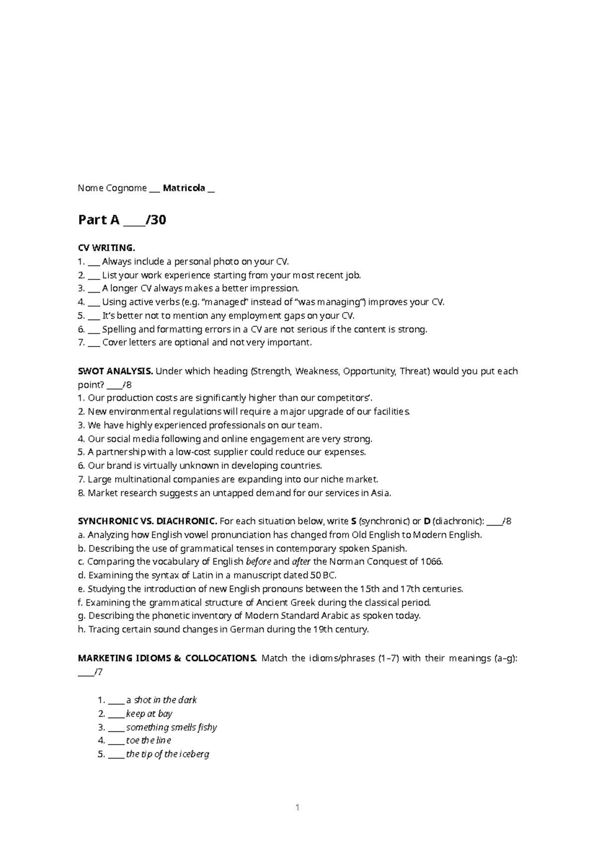 MOCK EXAM CV Writing & SWOT Analysis - Esame Inglese Ricreato - Studocu