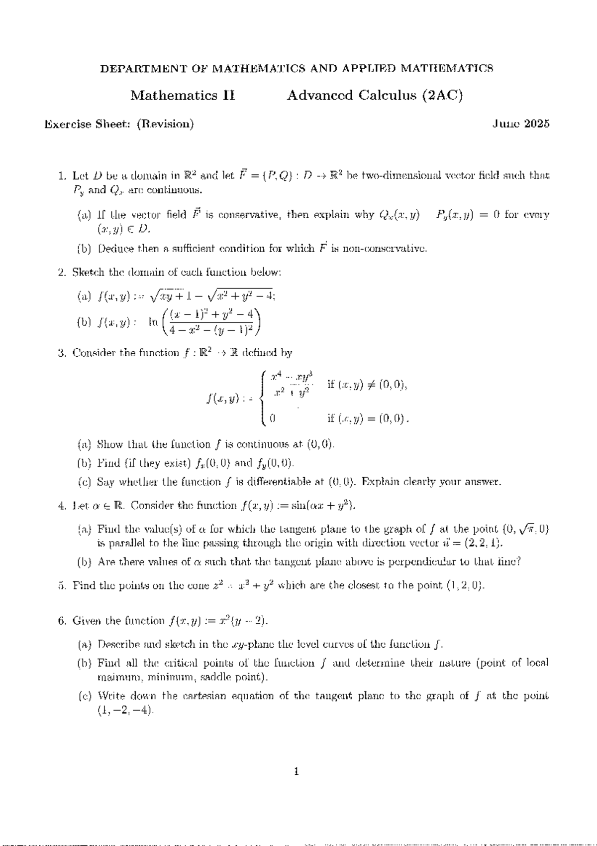 Mathematics II (2AC) Advanced Calculus Exercise Sheet Revision June ...