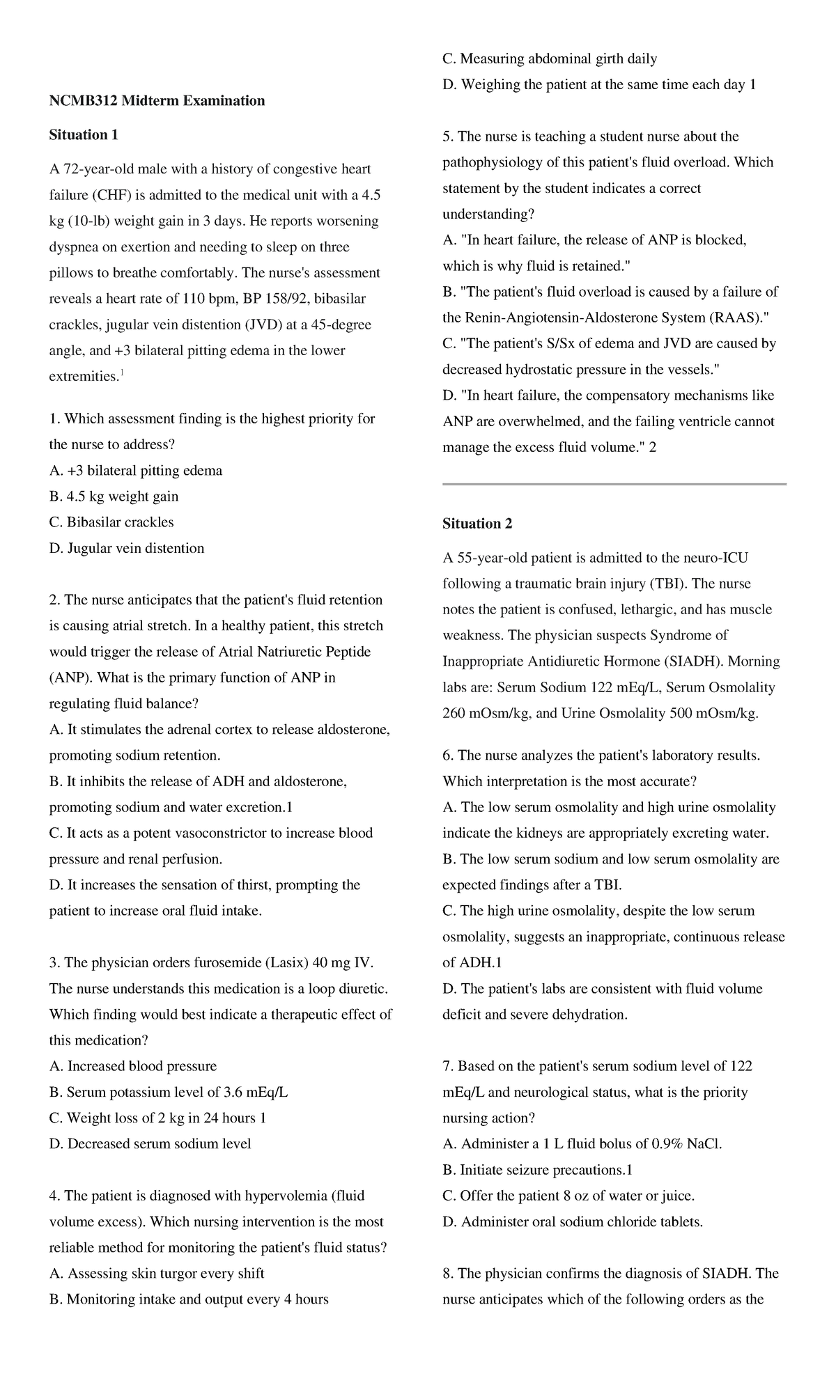 NCMB312 Midterm Exam Study Guide: Fluid Management and Pathophysiology ...