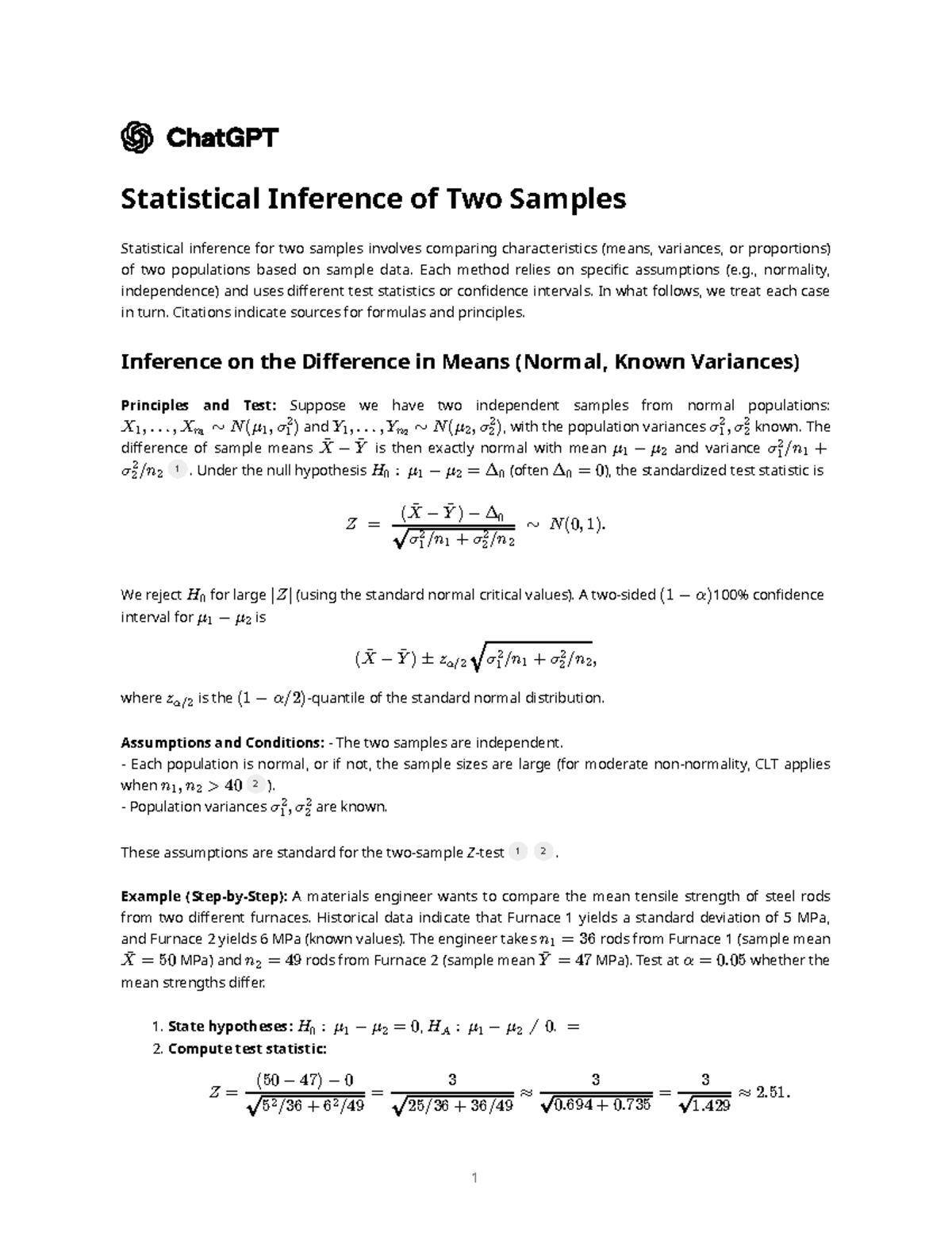 Statistical Inference of Two Samples: Methods and Examples - Studocu