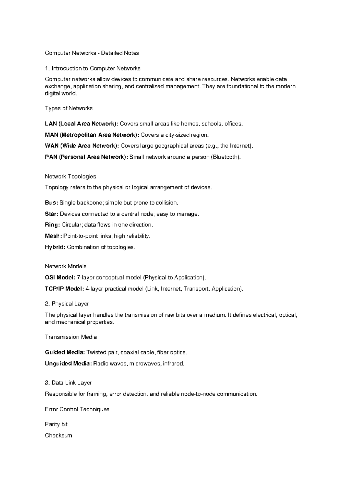 Computer Networks Detailed Notes: Types, Layers, and Security - Studocu