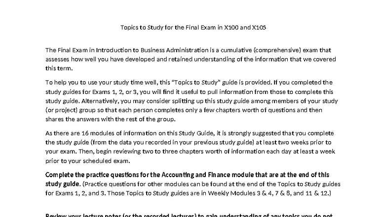 Topics to Study for the Cumulative Final Exam in X100 & X105 - Studocu