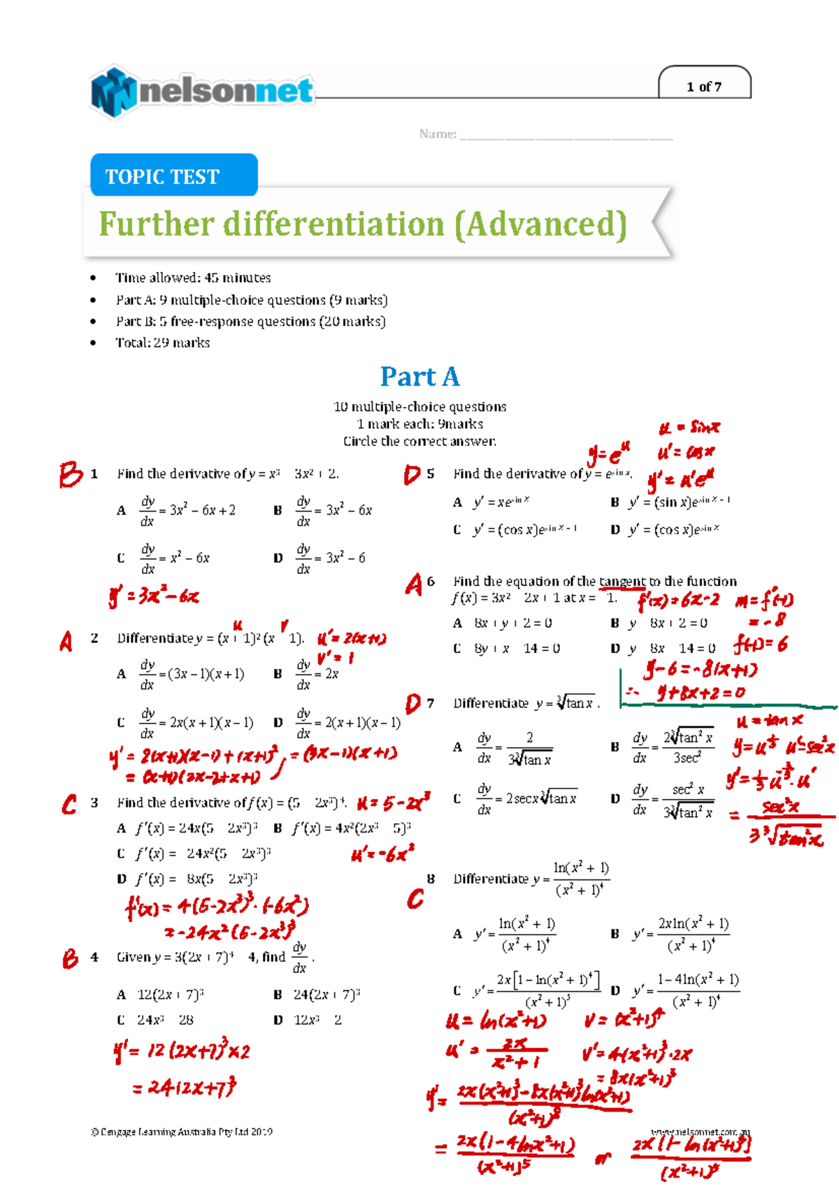Y12 Chapter 4 Topic Test: Further Differentiation (Advanced) - Studocu
