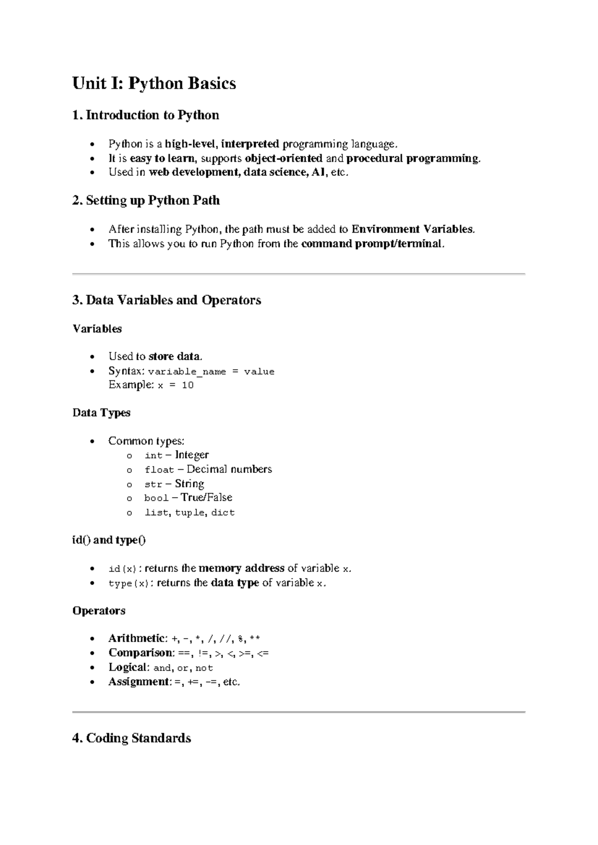 Unit I: Python Basics - 3rd Sem Overview and Key Concepts - Studocu